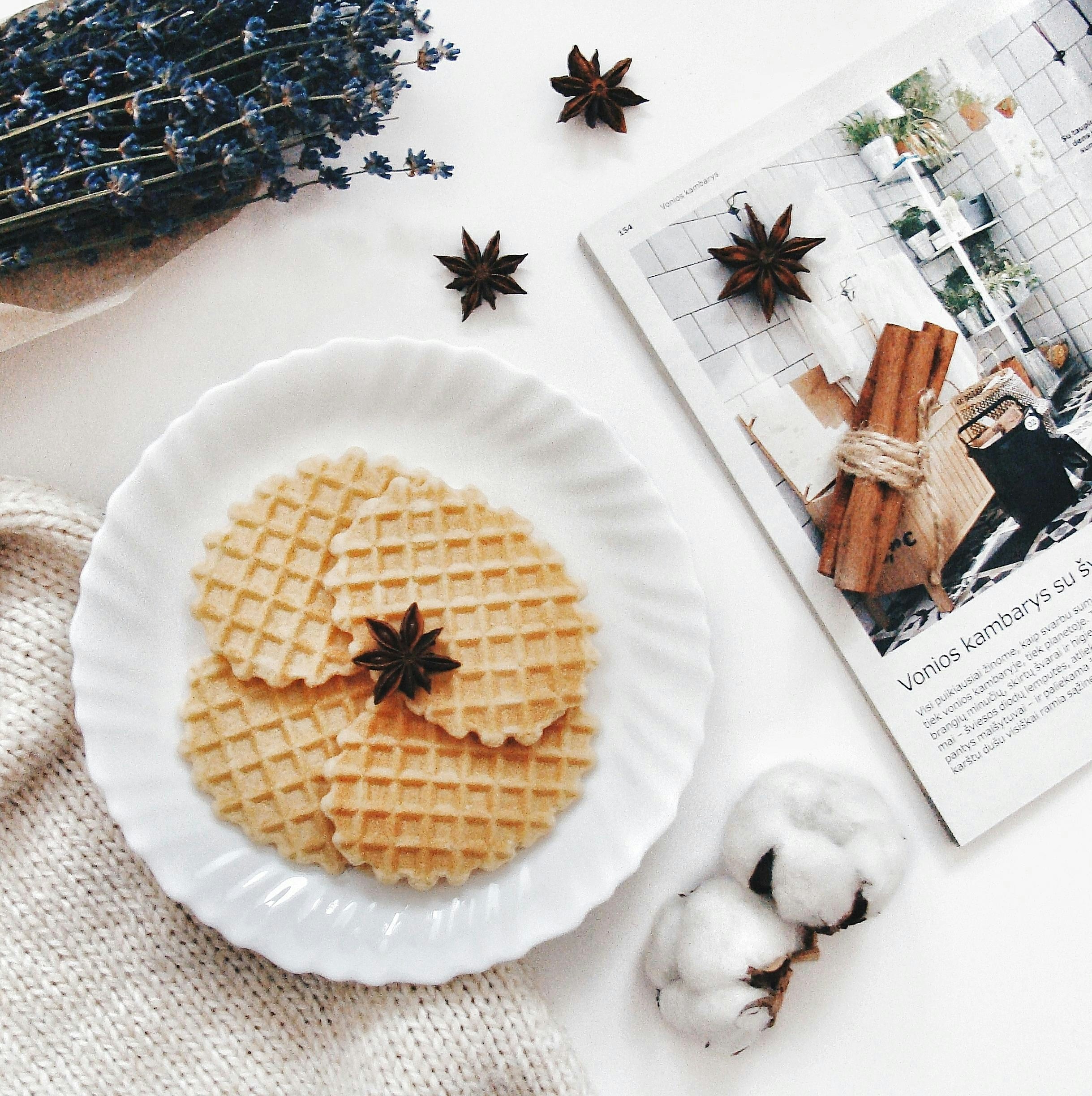 White plate of waffle cookies with star anise on a bright table