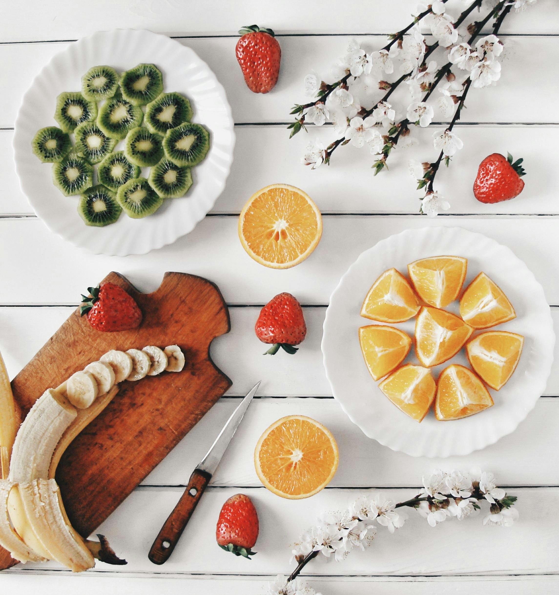 white flatlay food flowers