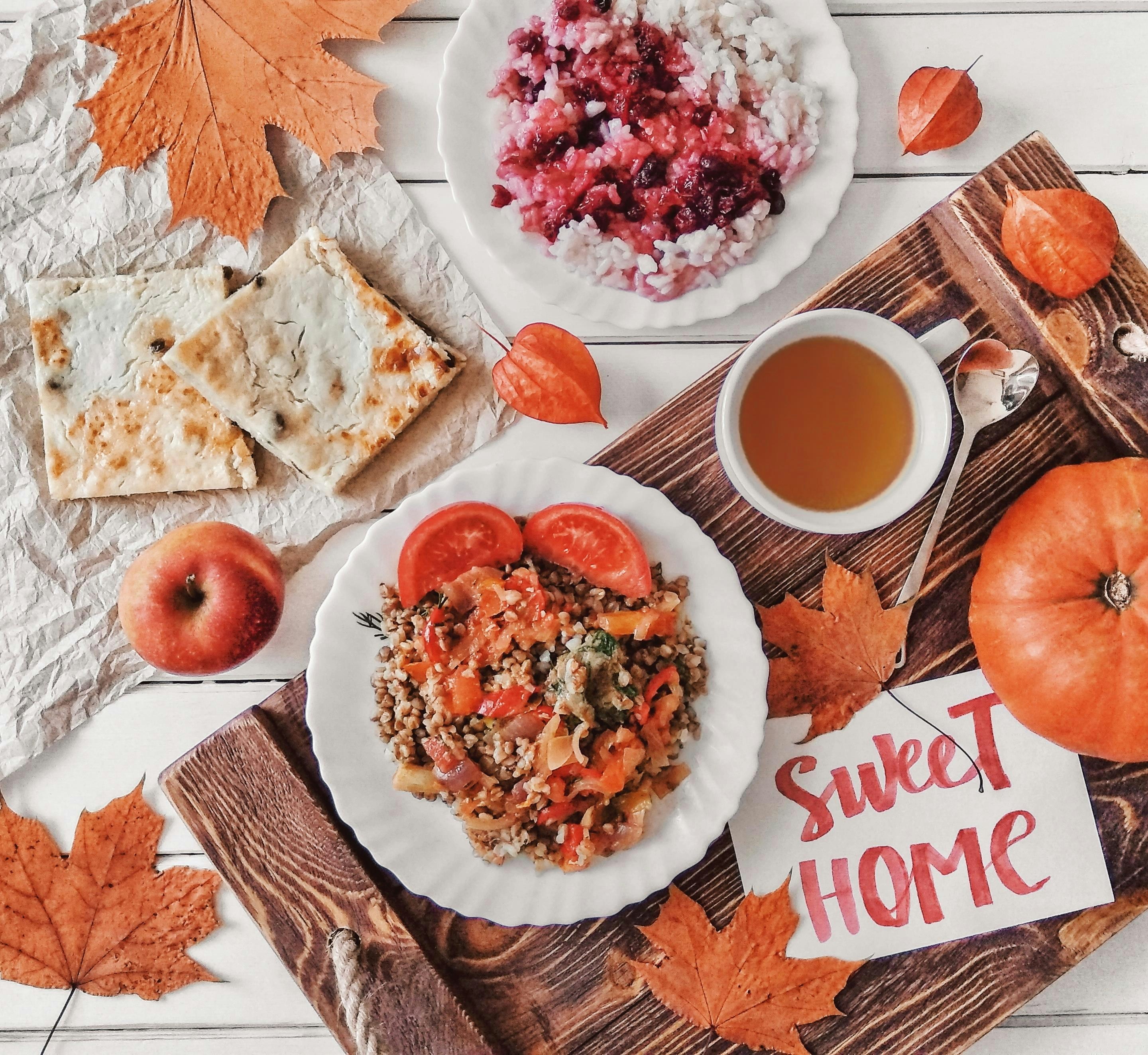 autumn leaves flatlay cup of tea food