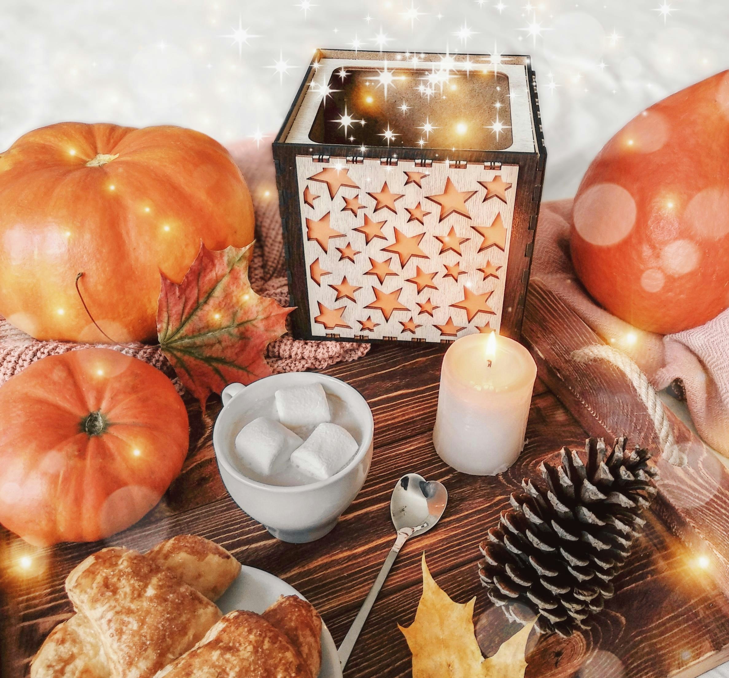autumn leaves flatlay pumpkins