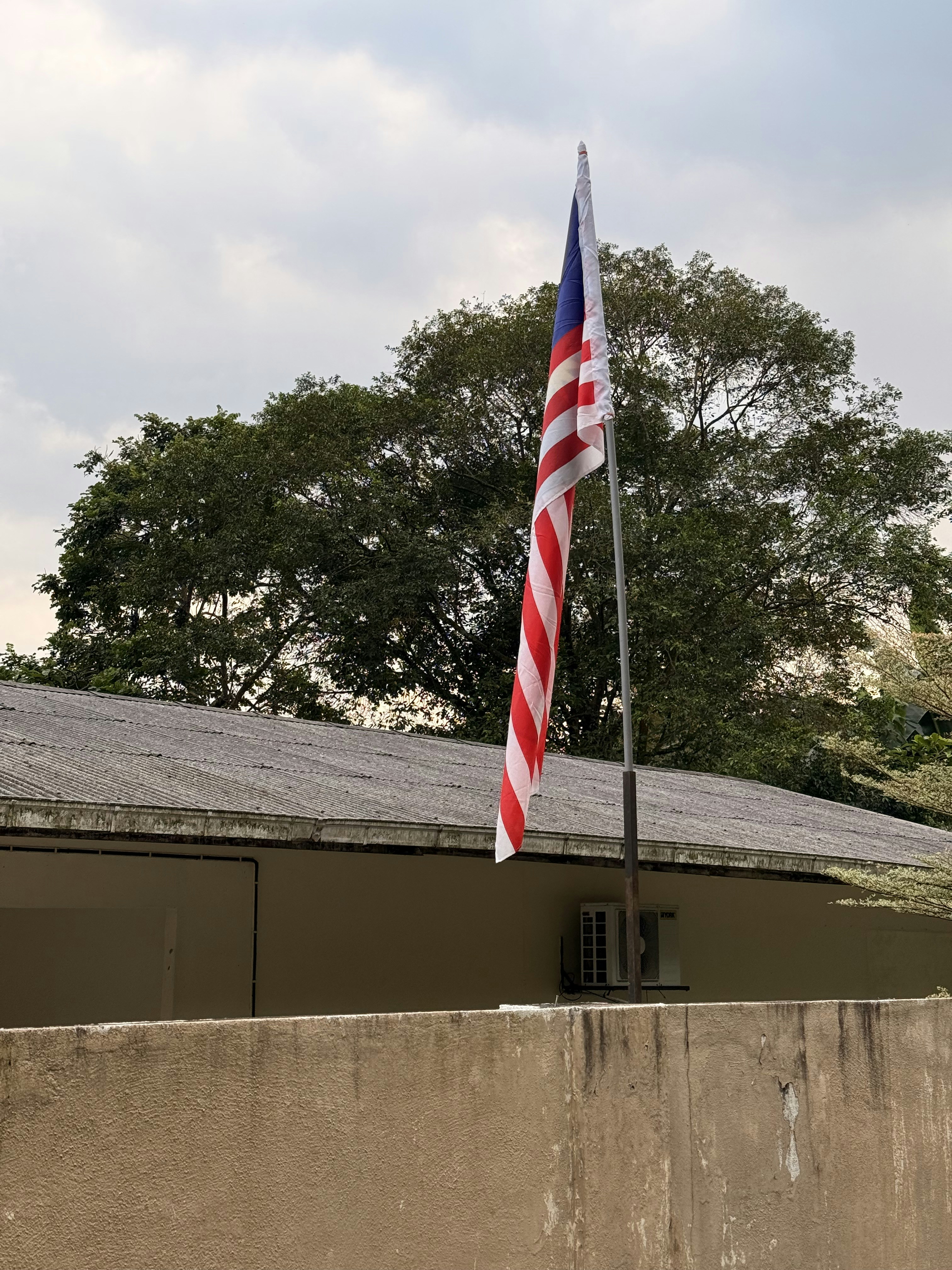 Flag on a pole above a low concrete wall with a building and trees in the background