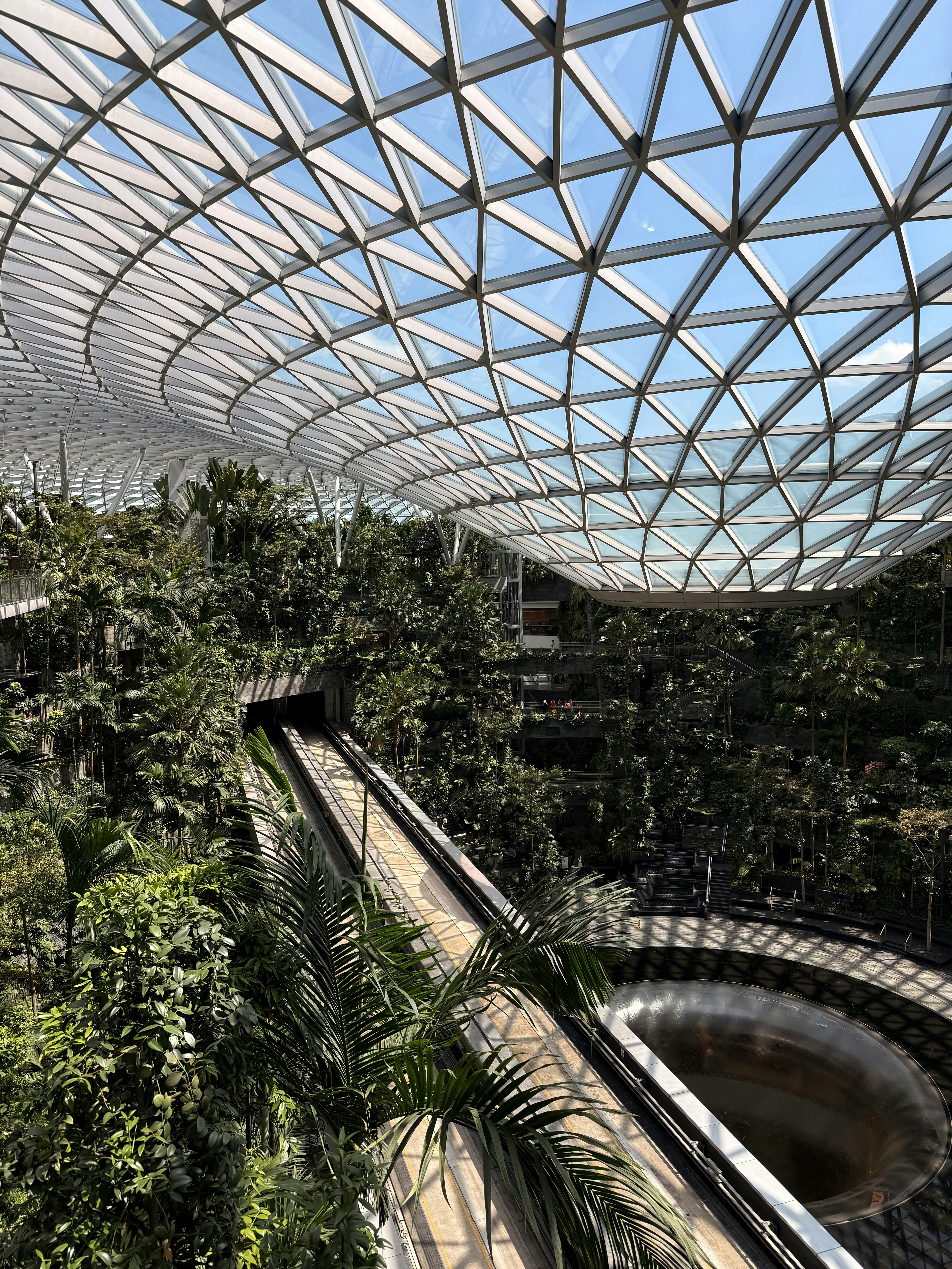 Sunlit geodesic canopy over a lush vertical garden atrium