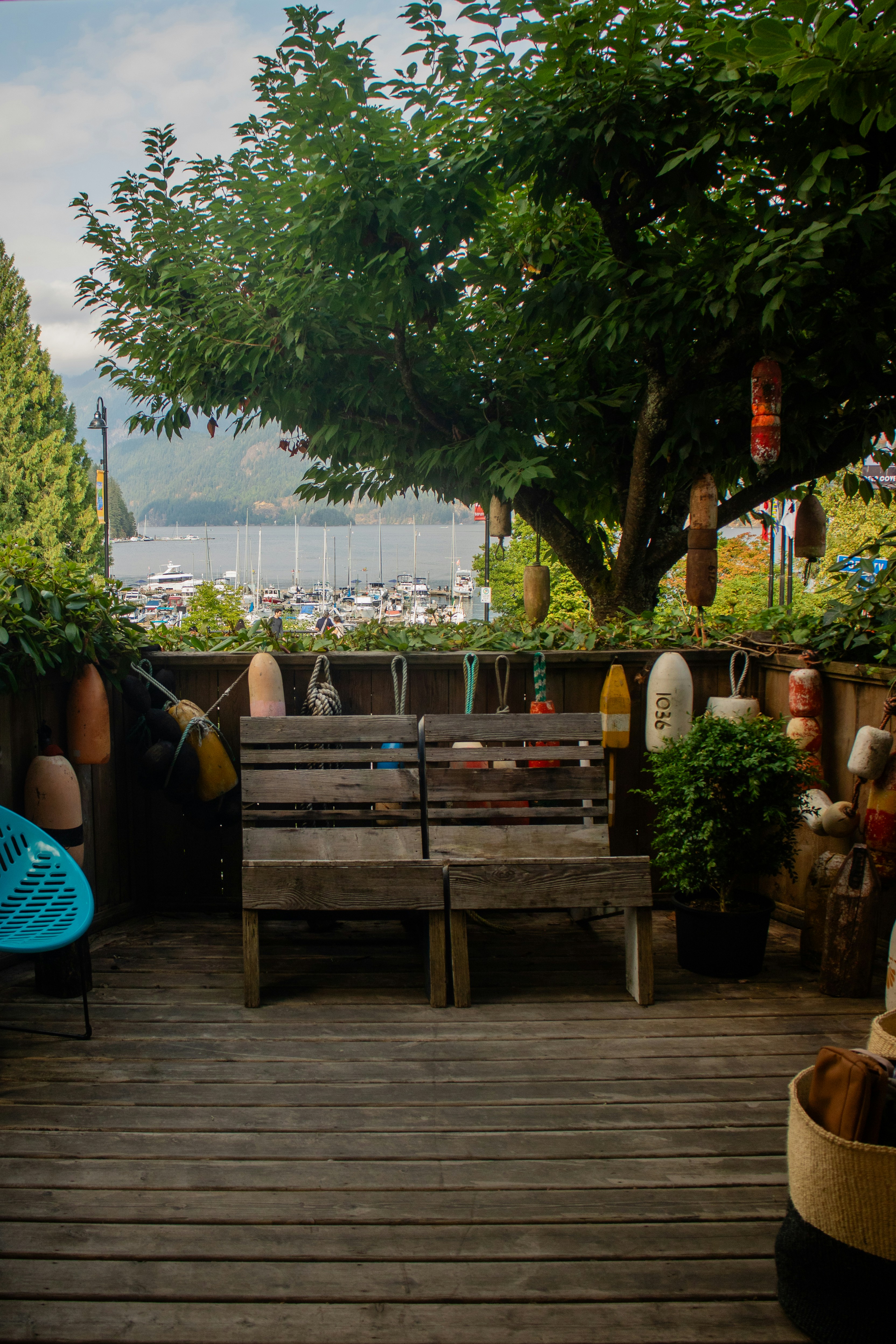 Seated by the Marina: A Quiet Deck with Boats in the Distance