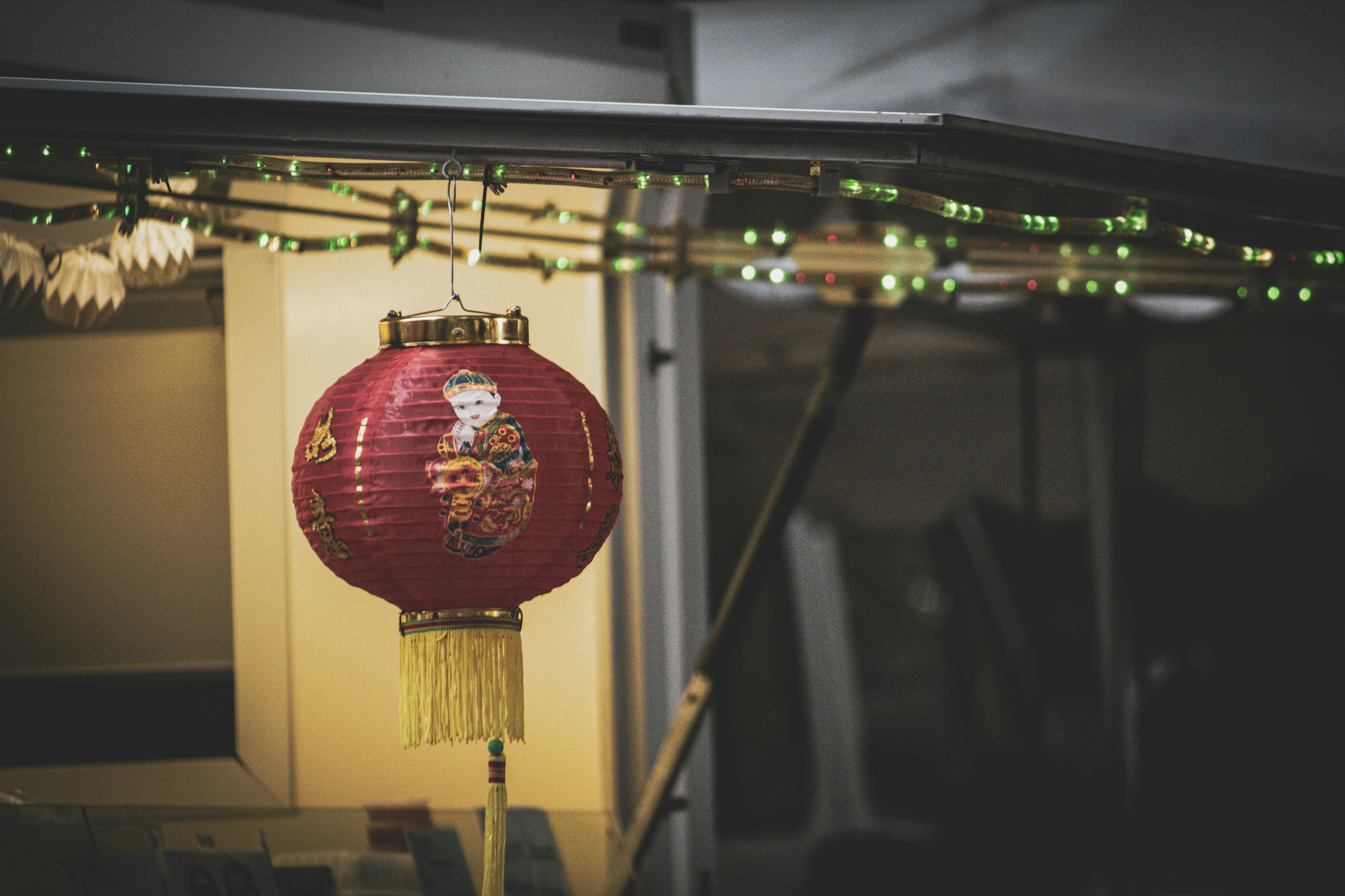 Luminous Lantern: A Red Chinese Lamp Illuminating a Quiet Corner
