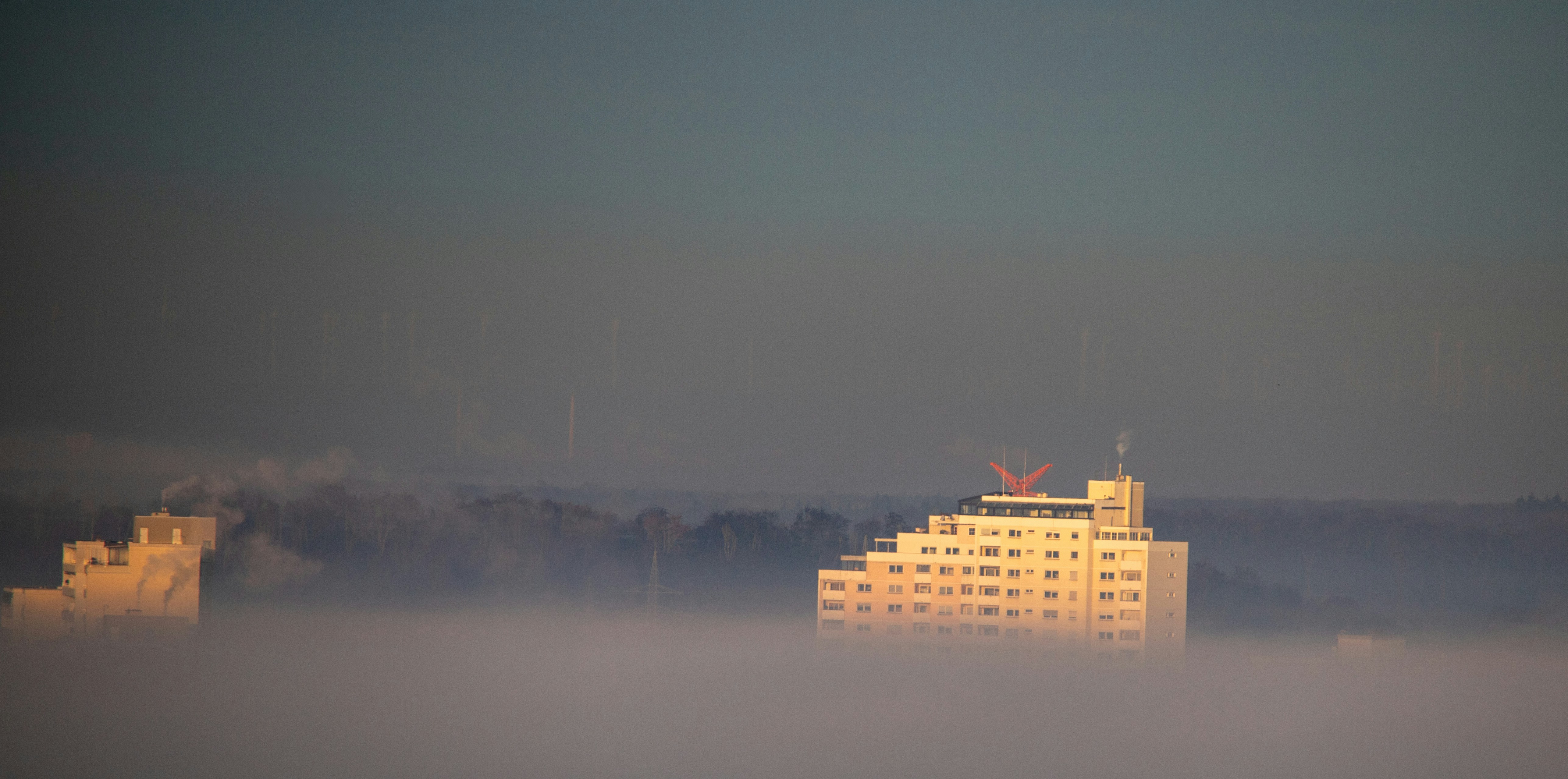 Misted Skyline: A Tall Modernist Crown Rising Through the Fog