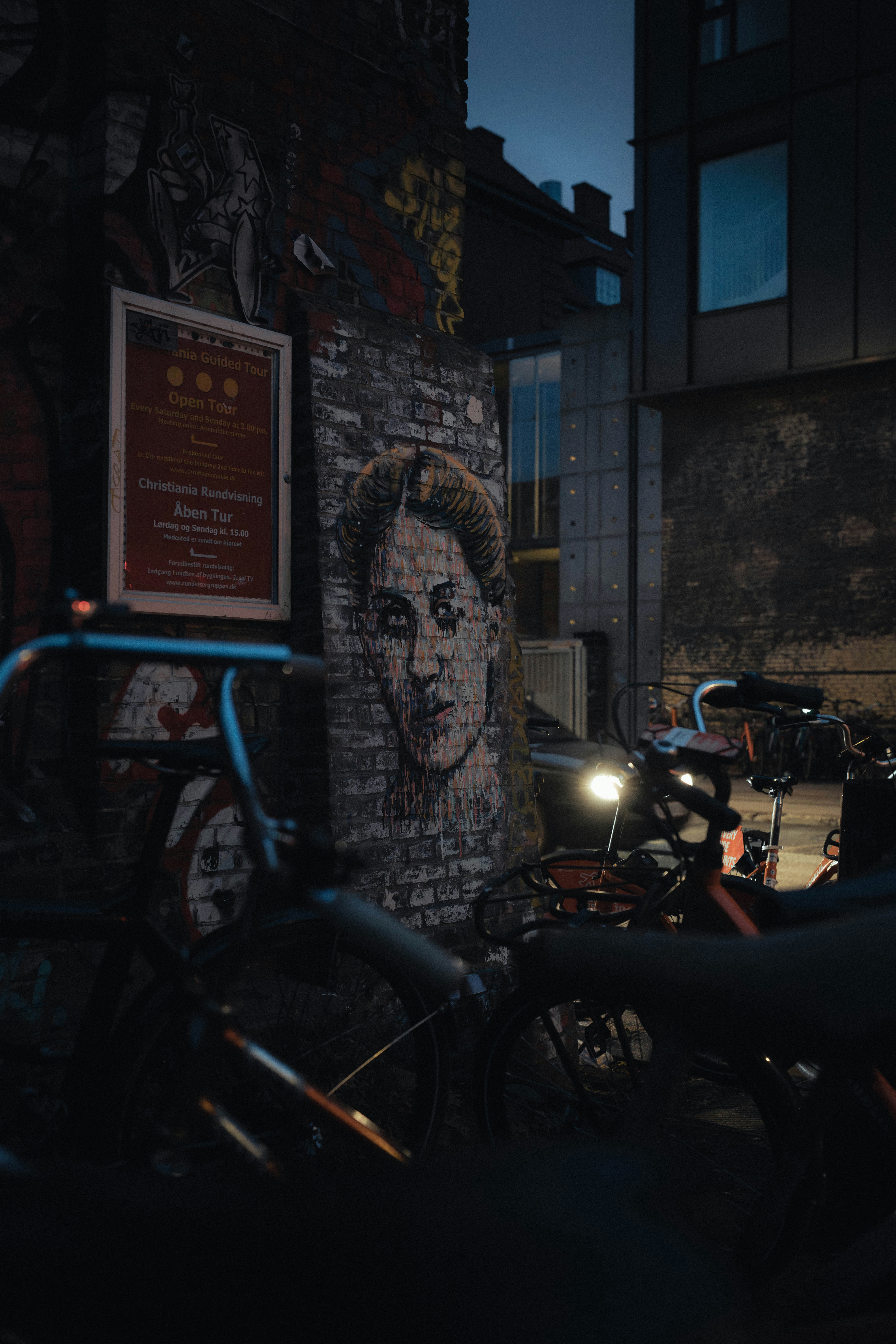 Neon Portrait in the Alley: Bikes, Wall Art, and Evening Glow