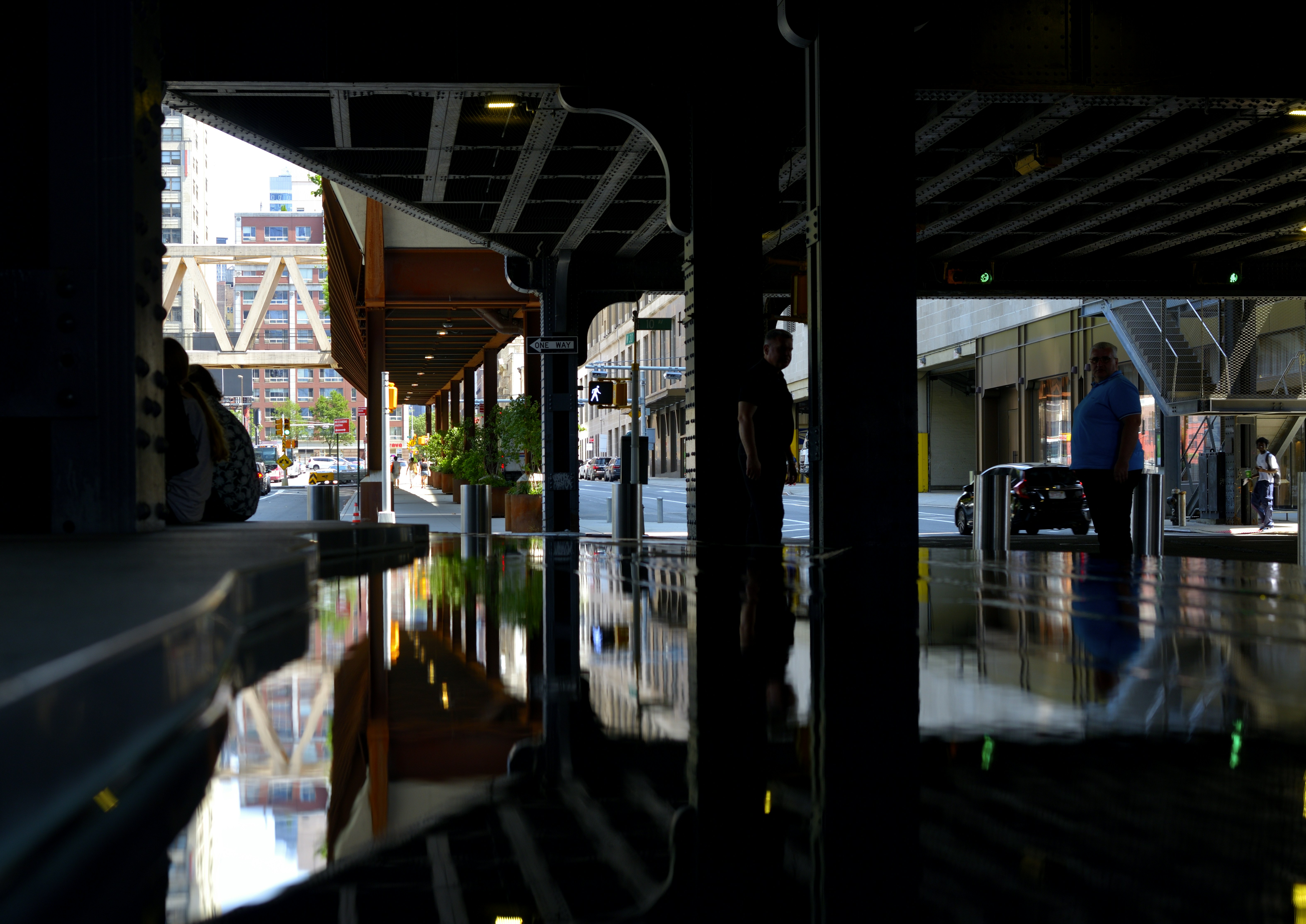 Under the City Canopy: Reflective Street Corridor at Dusk