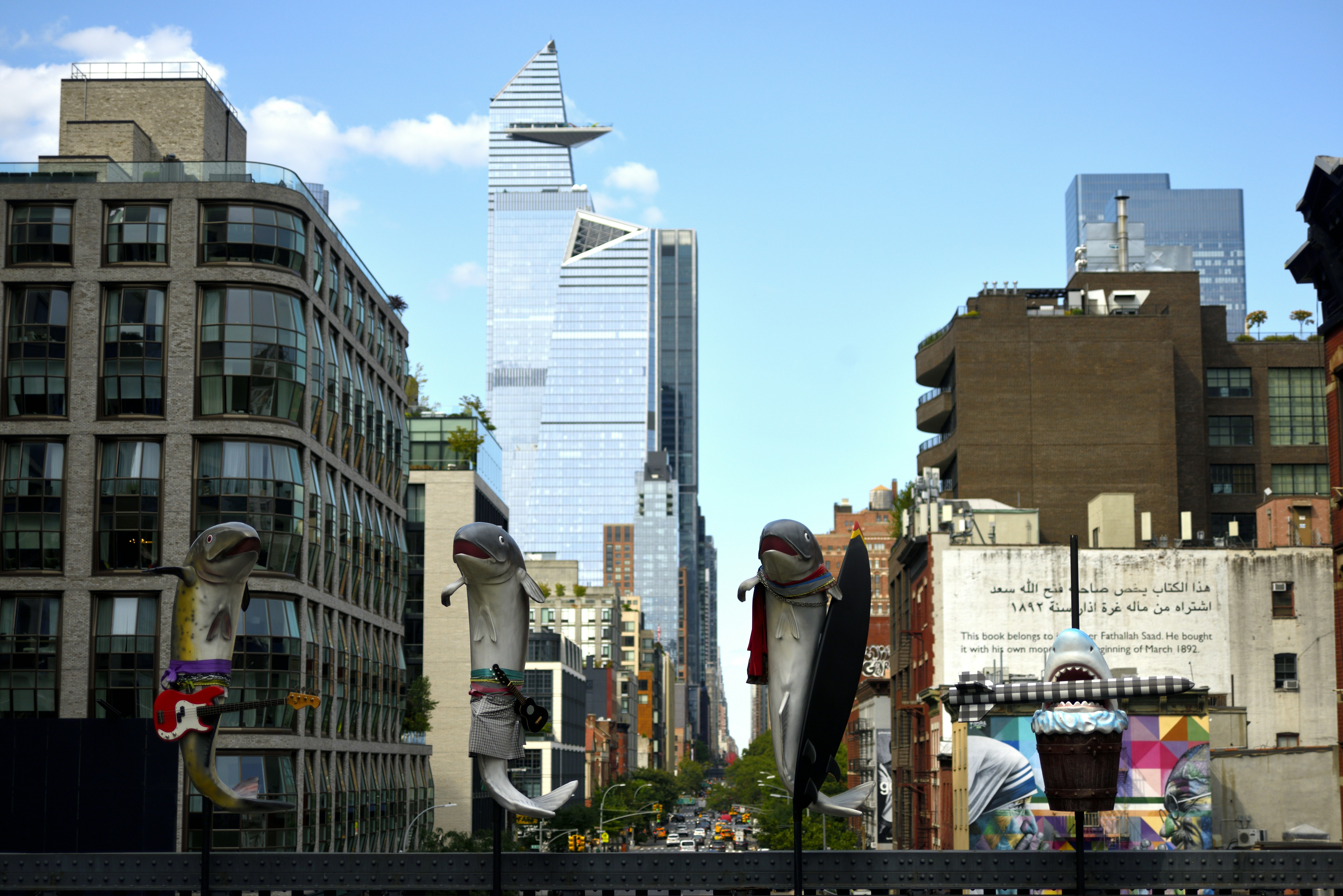 Skyscraper Salute: A playful city foreground meets towering glass silhouettes