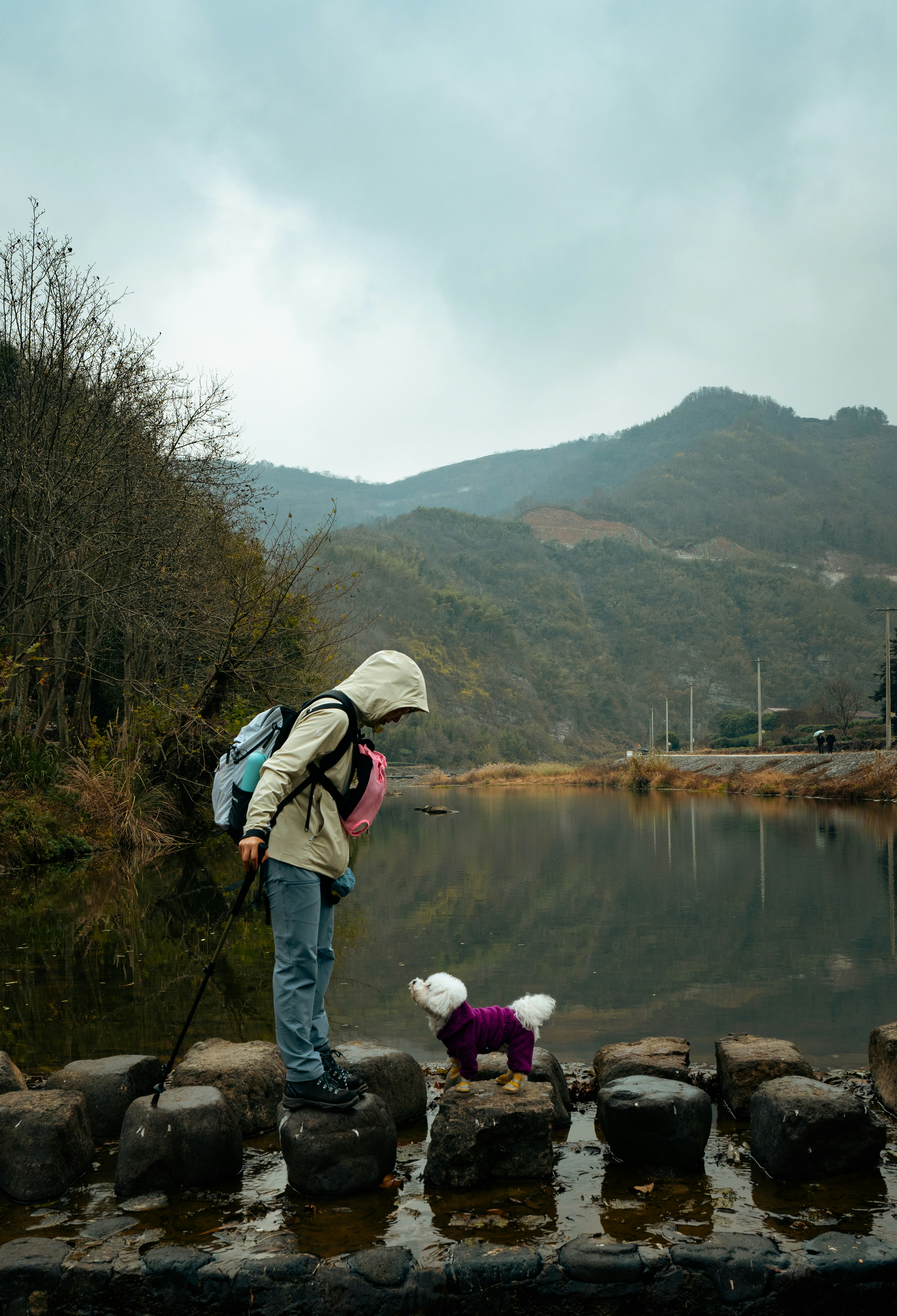 Hiking with a companion by the river stepping stones