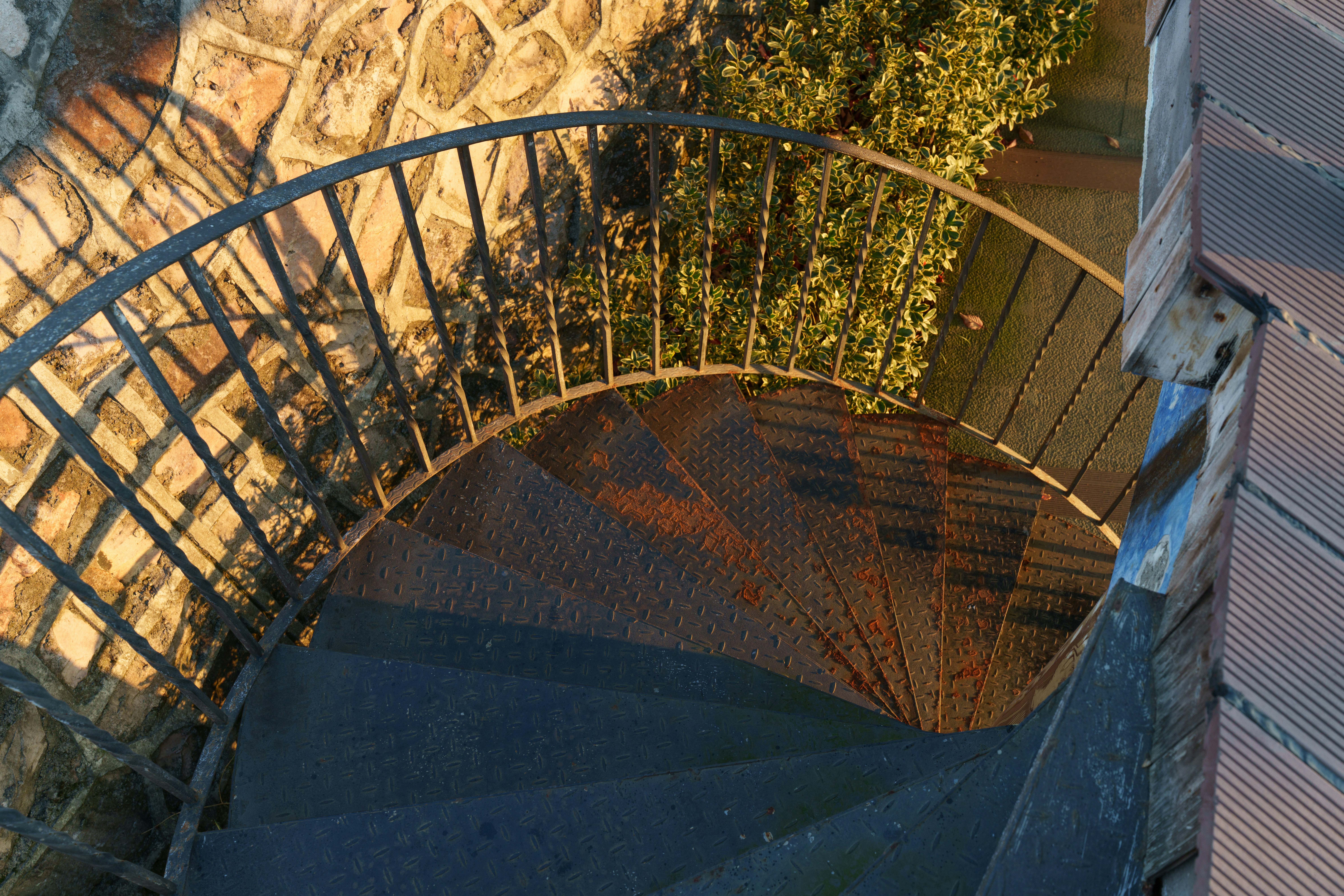 Spiral Descent: A Metal Staircase Curves into the Sunlit Garden