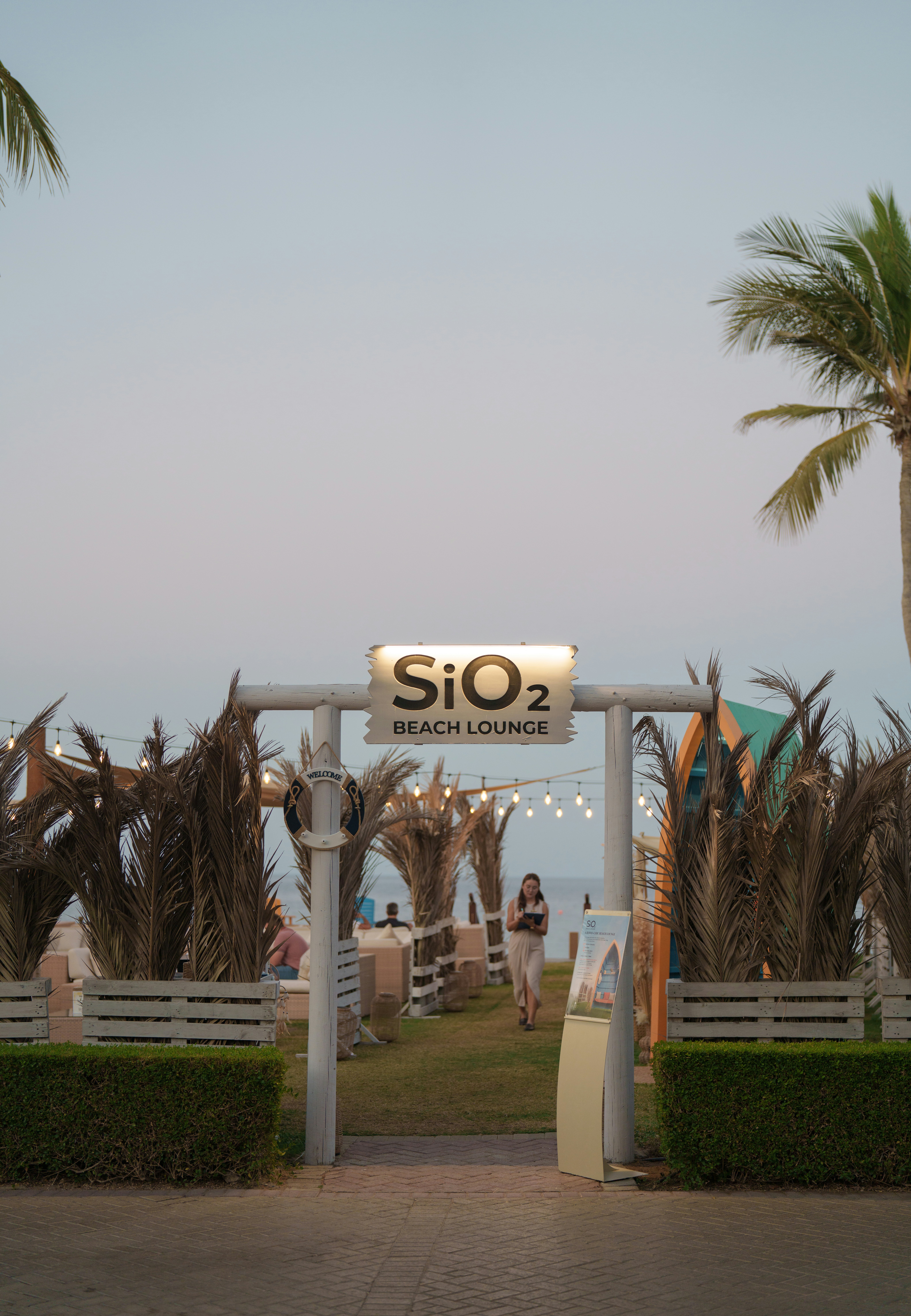 Entrada al salón de playa con palmeras y luces foto – Imagen de Playa ...