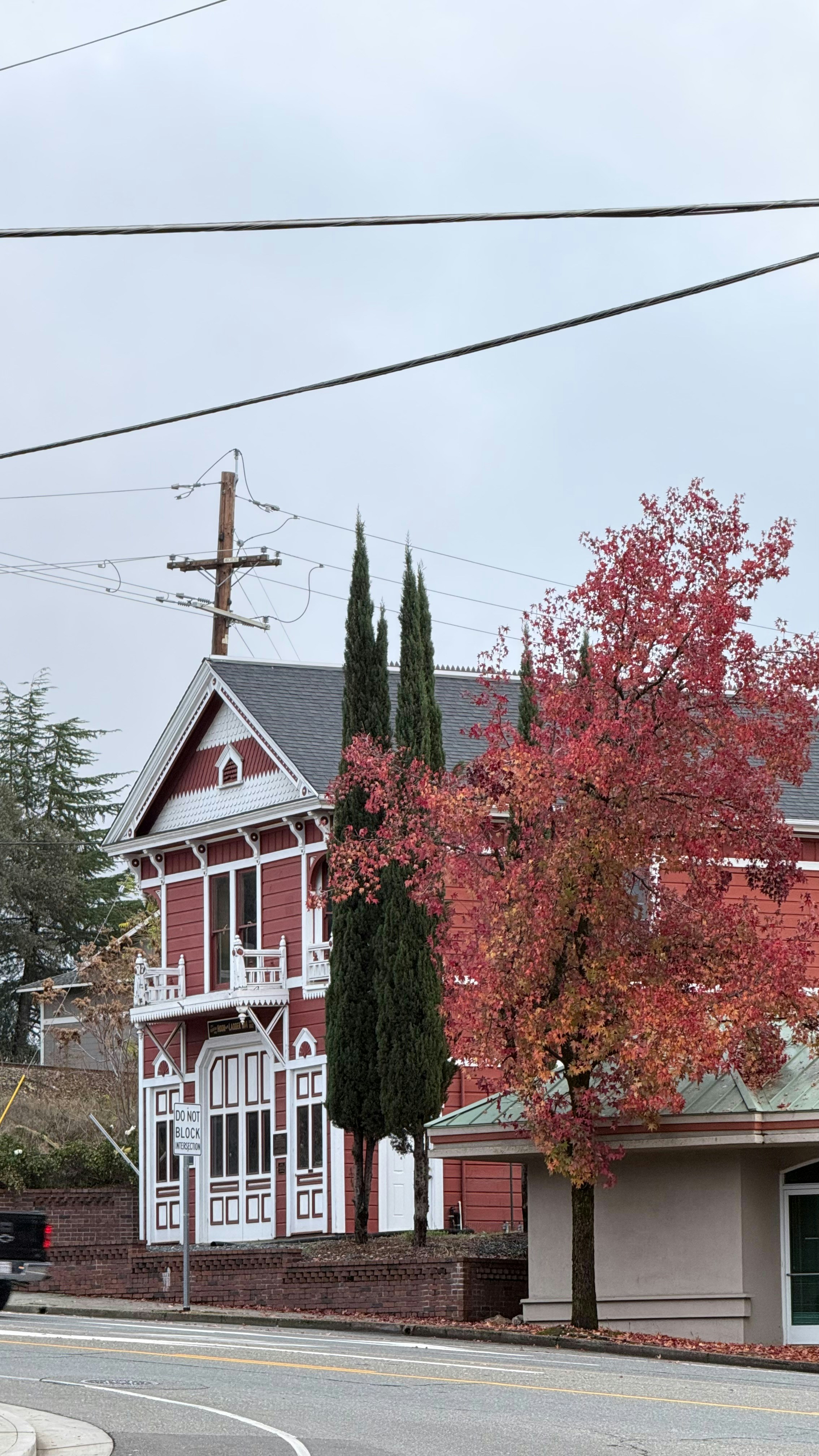 Red Victorian in Fall: A Street Scene Framed by Crimson Trees