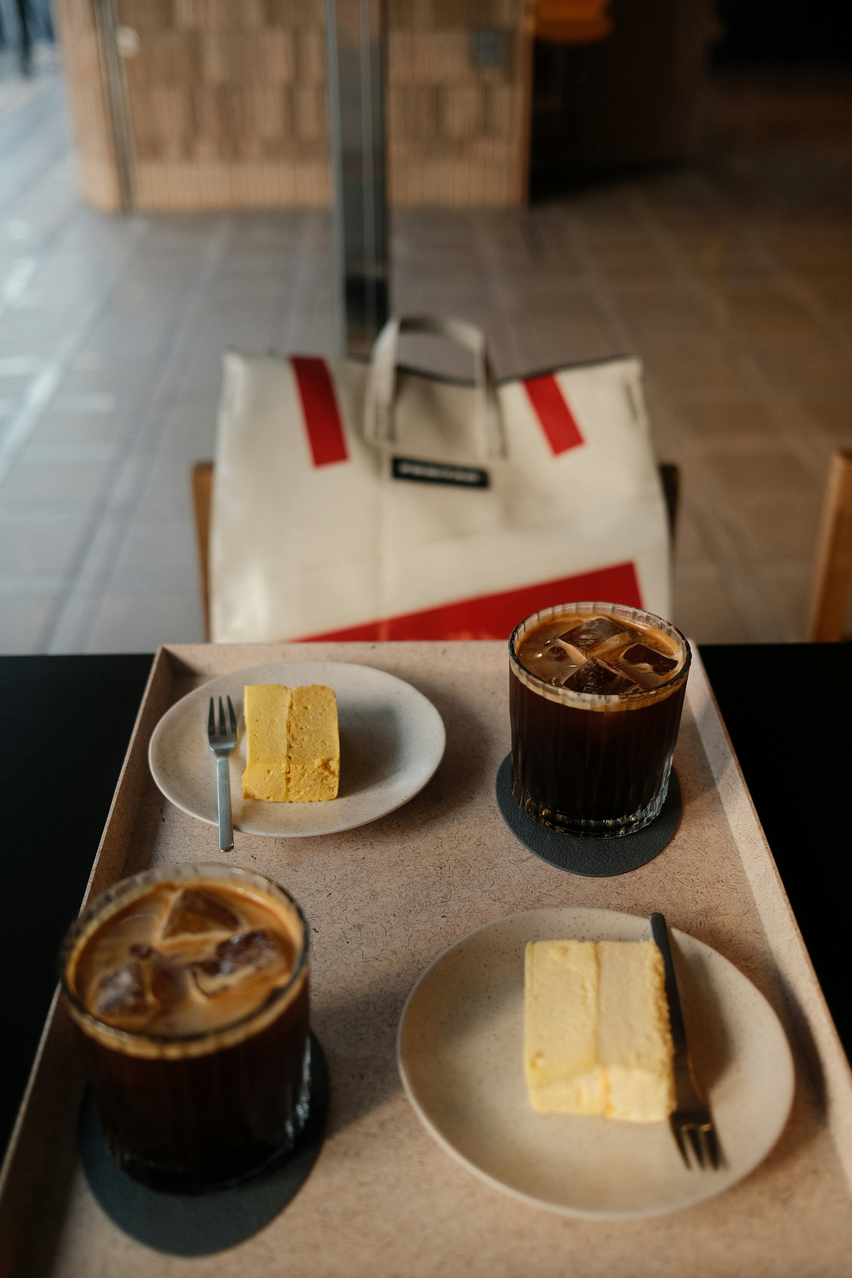 Cafe Trays: Two Desserts, Two Iced Coffees, One Quiet Moment