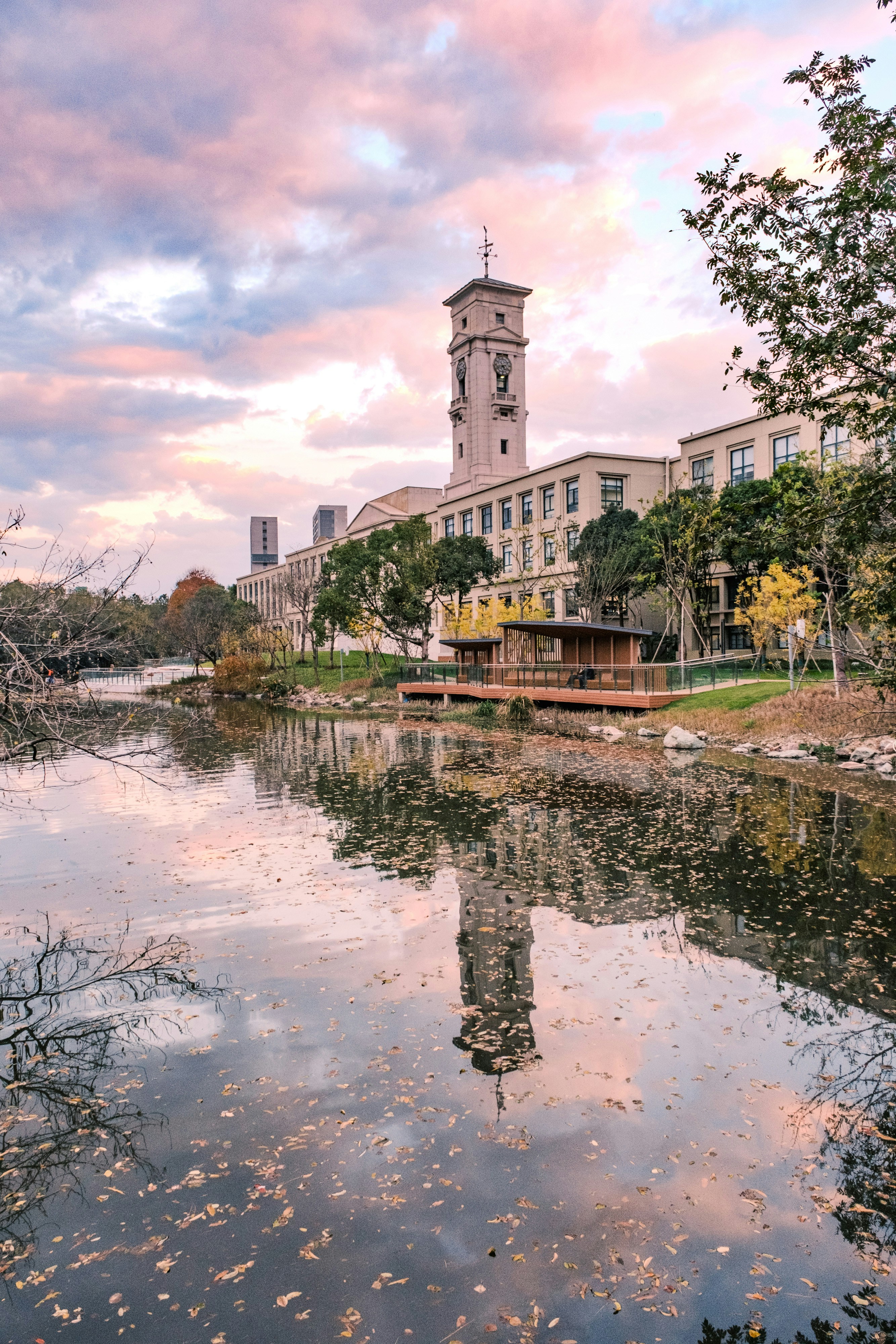 Pastel Sunset Over Riverside Campus Clocktower