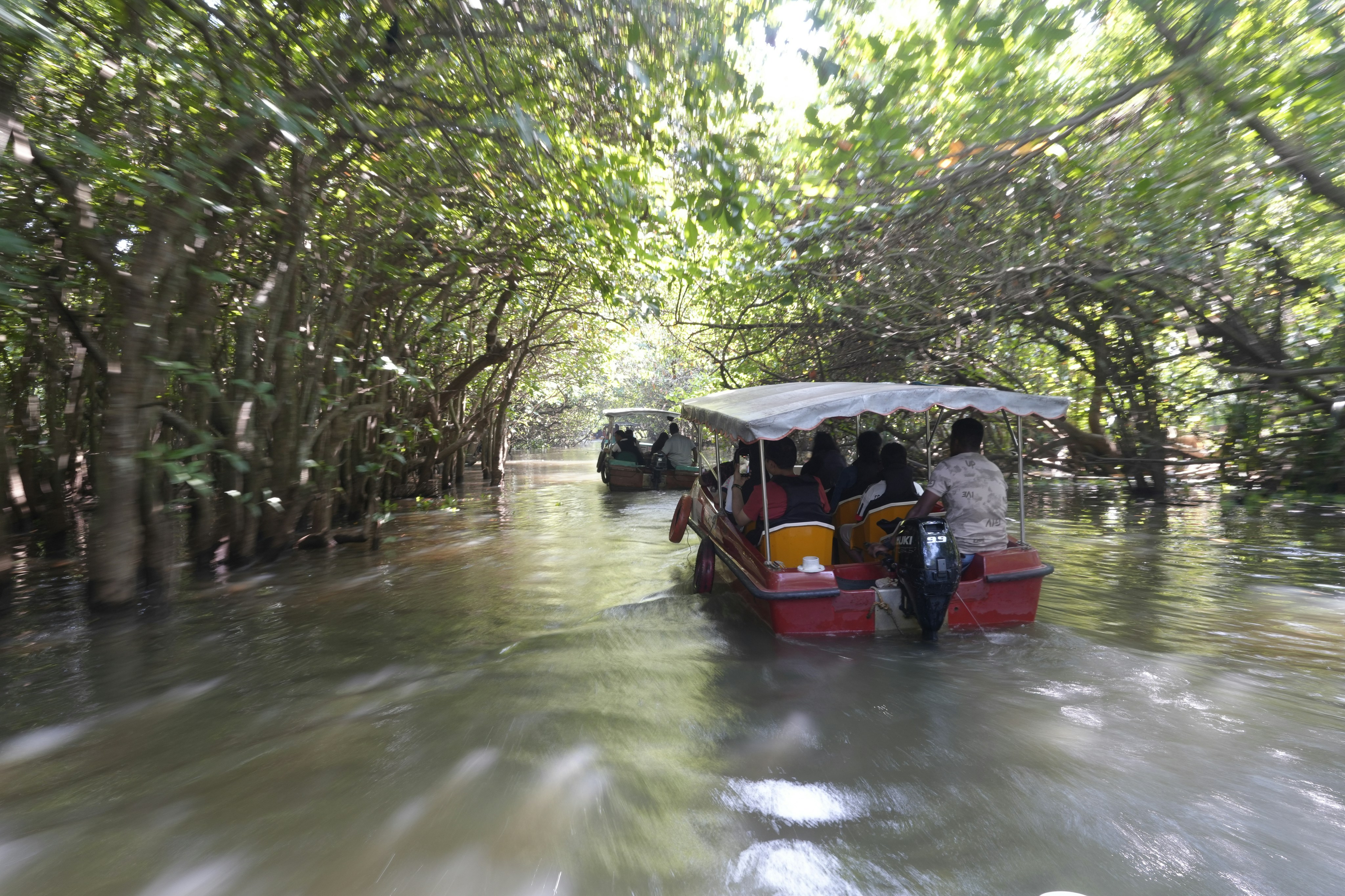 Flooded River Crossing: Boats Poke Through a Canopy of Green