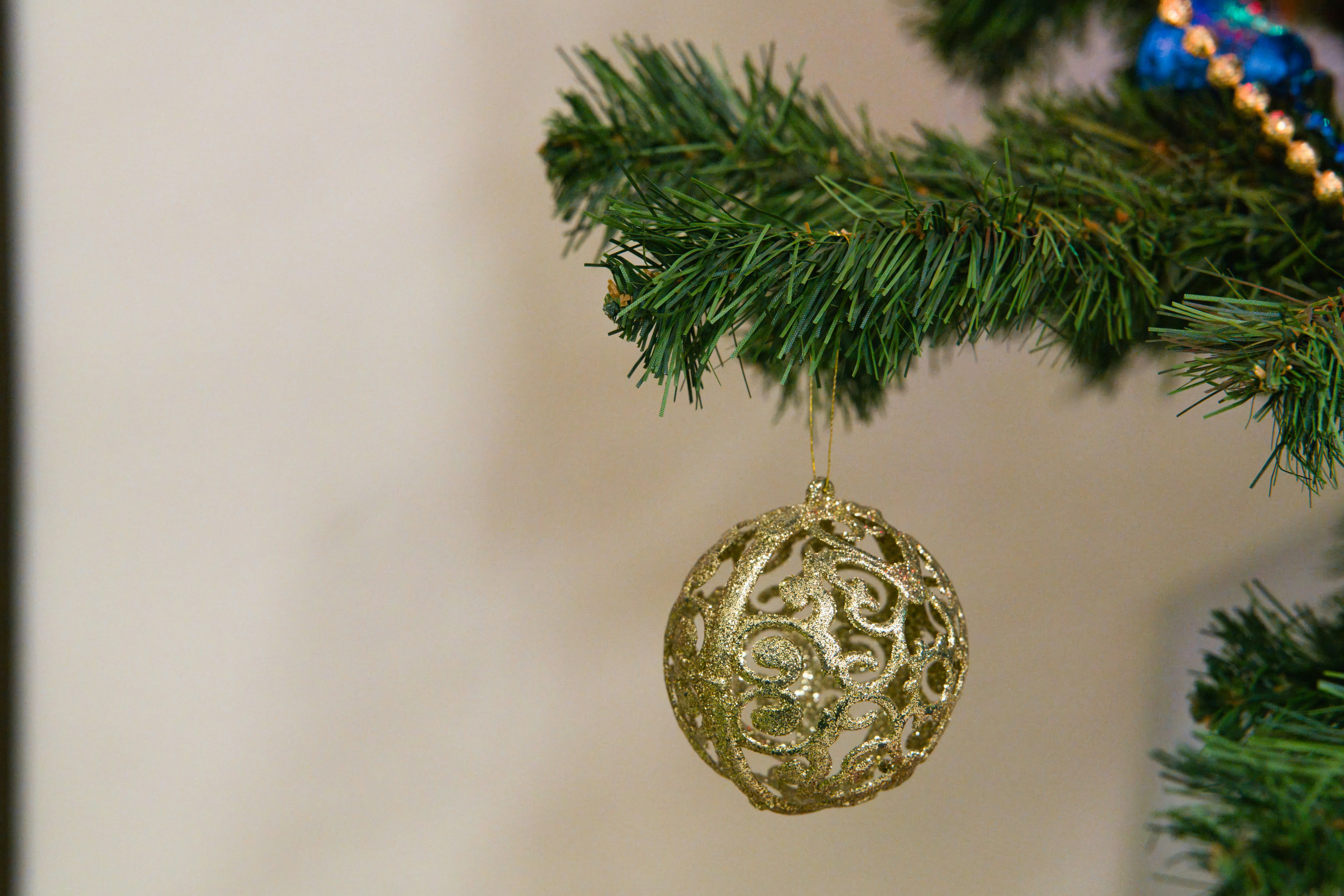 Ornamental Orbit: A glittering bauble hangs from a Christmas tree