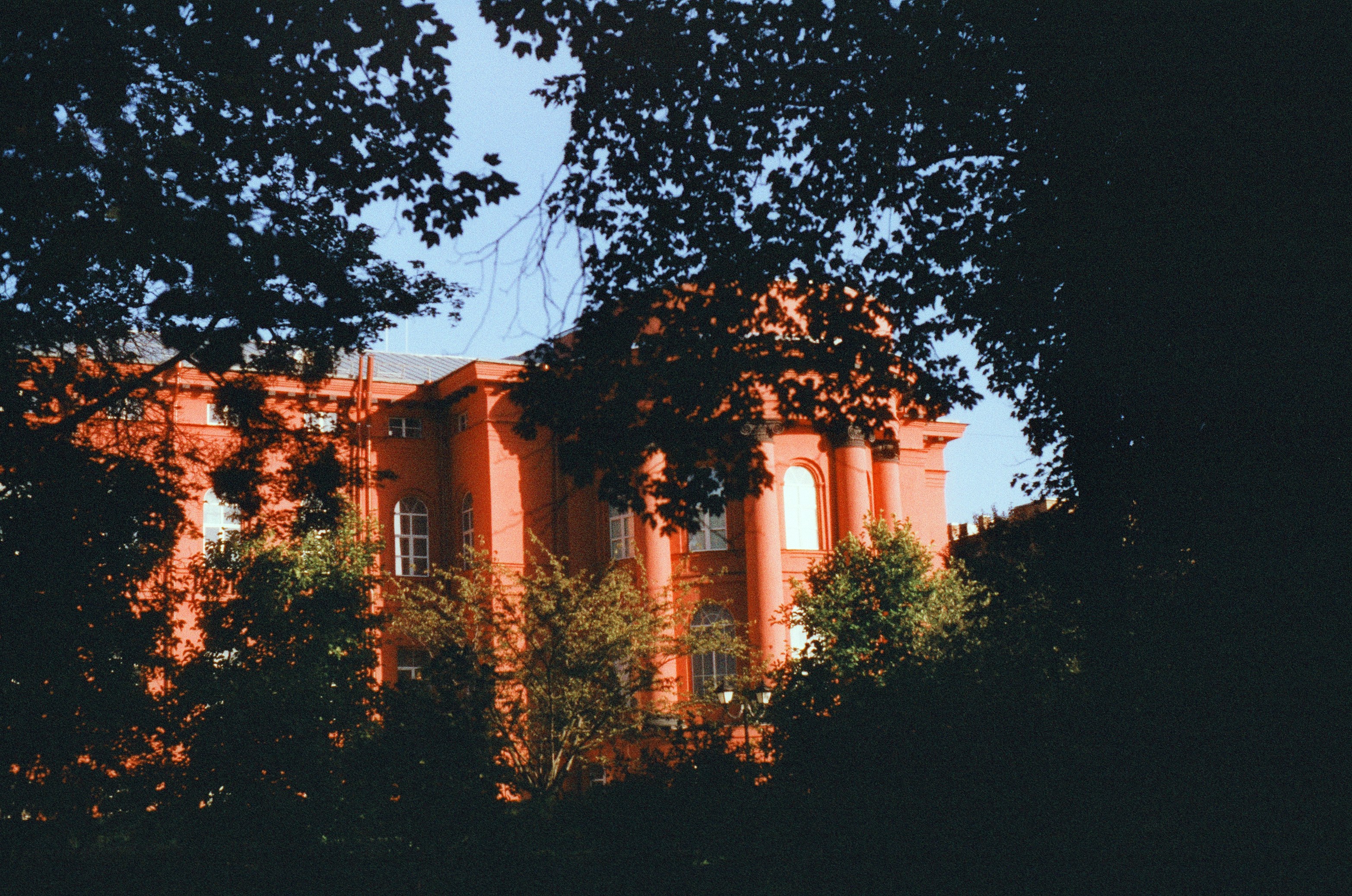 Red brick building seen through dark trees photo – Free Architecture ...