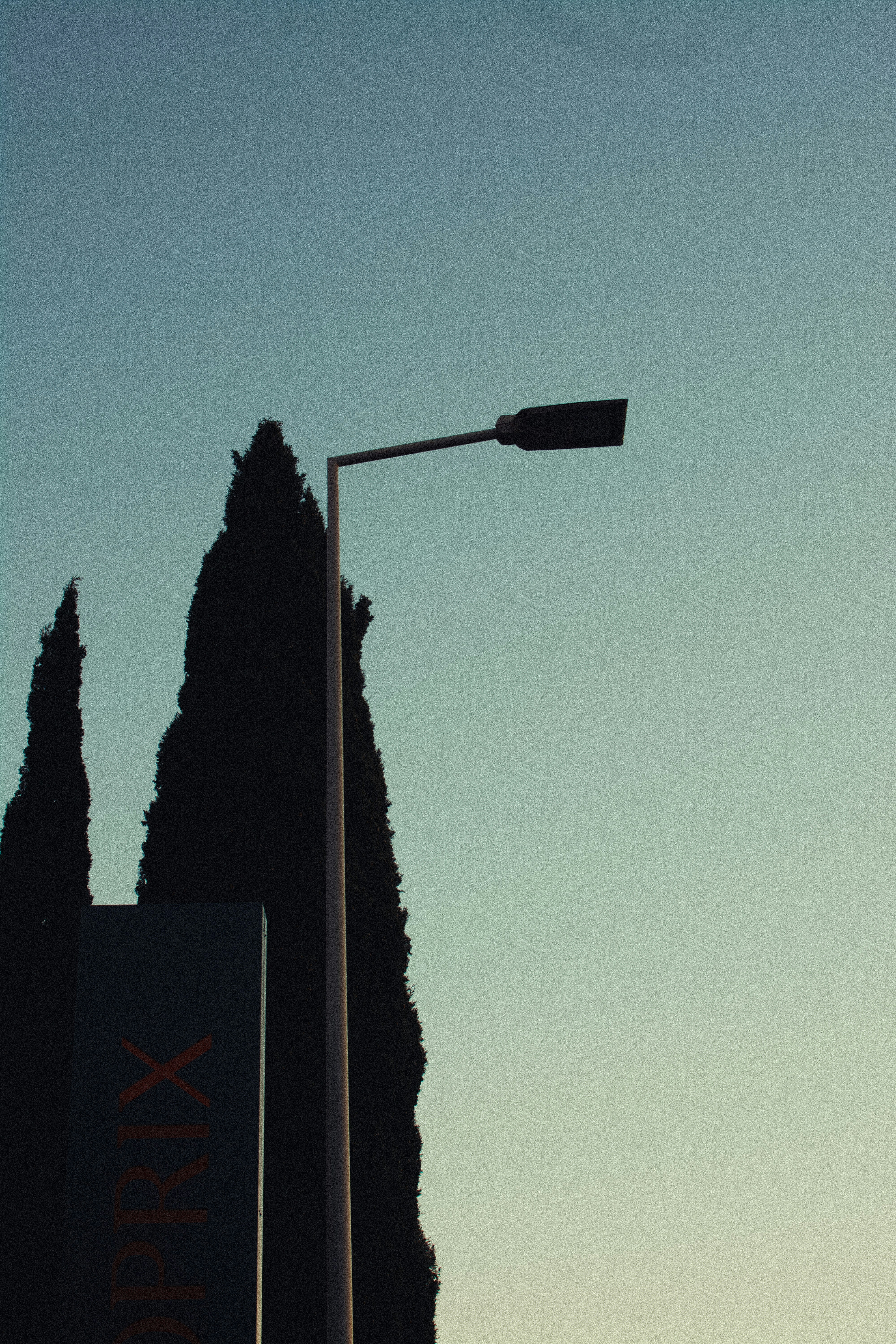 Ultra-wide street lamp silhouettes beside a vertical sign