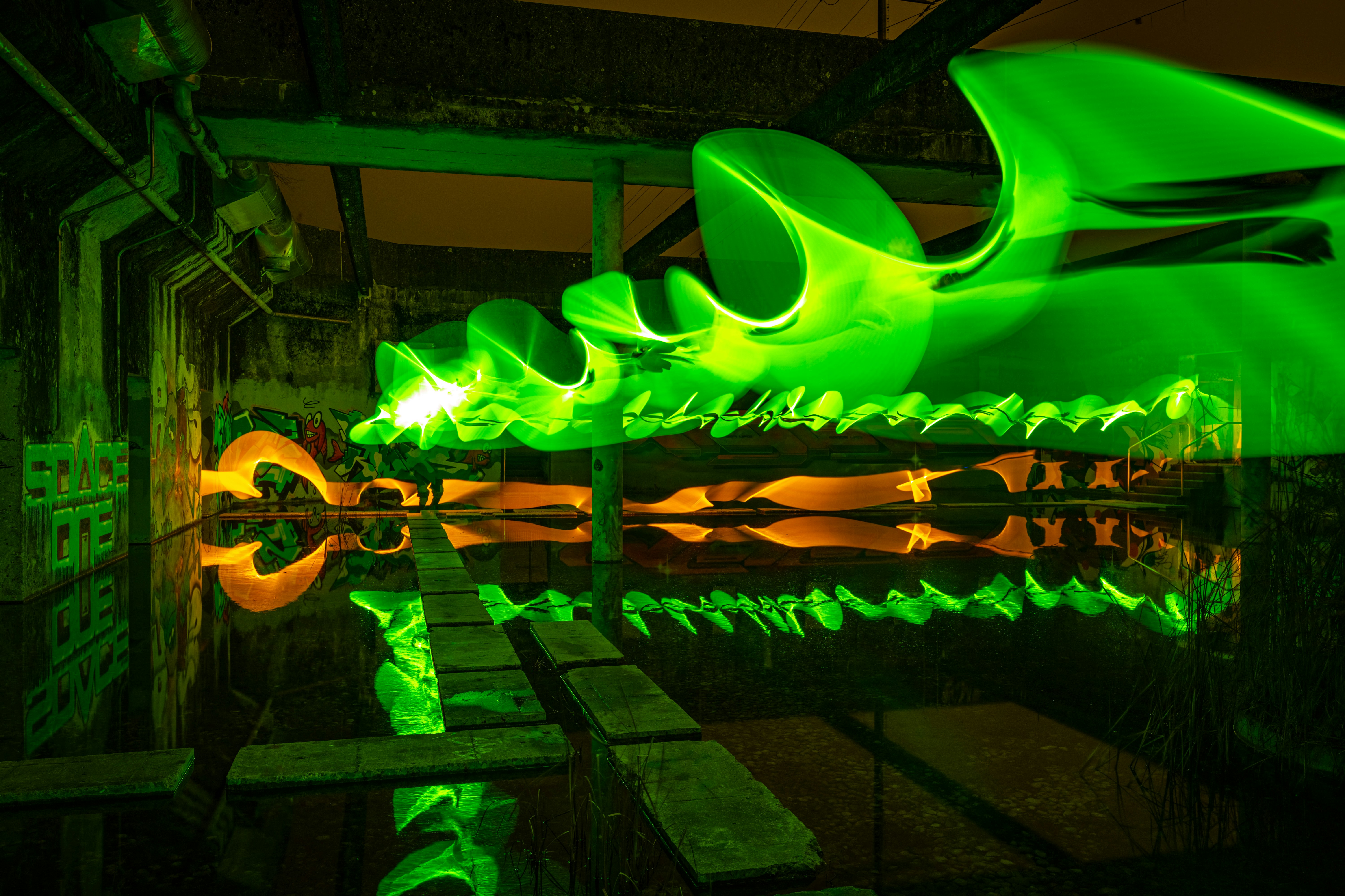 Neon Serpent in a Subterranean Hall