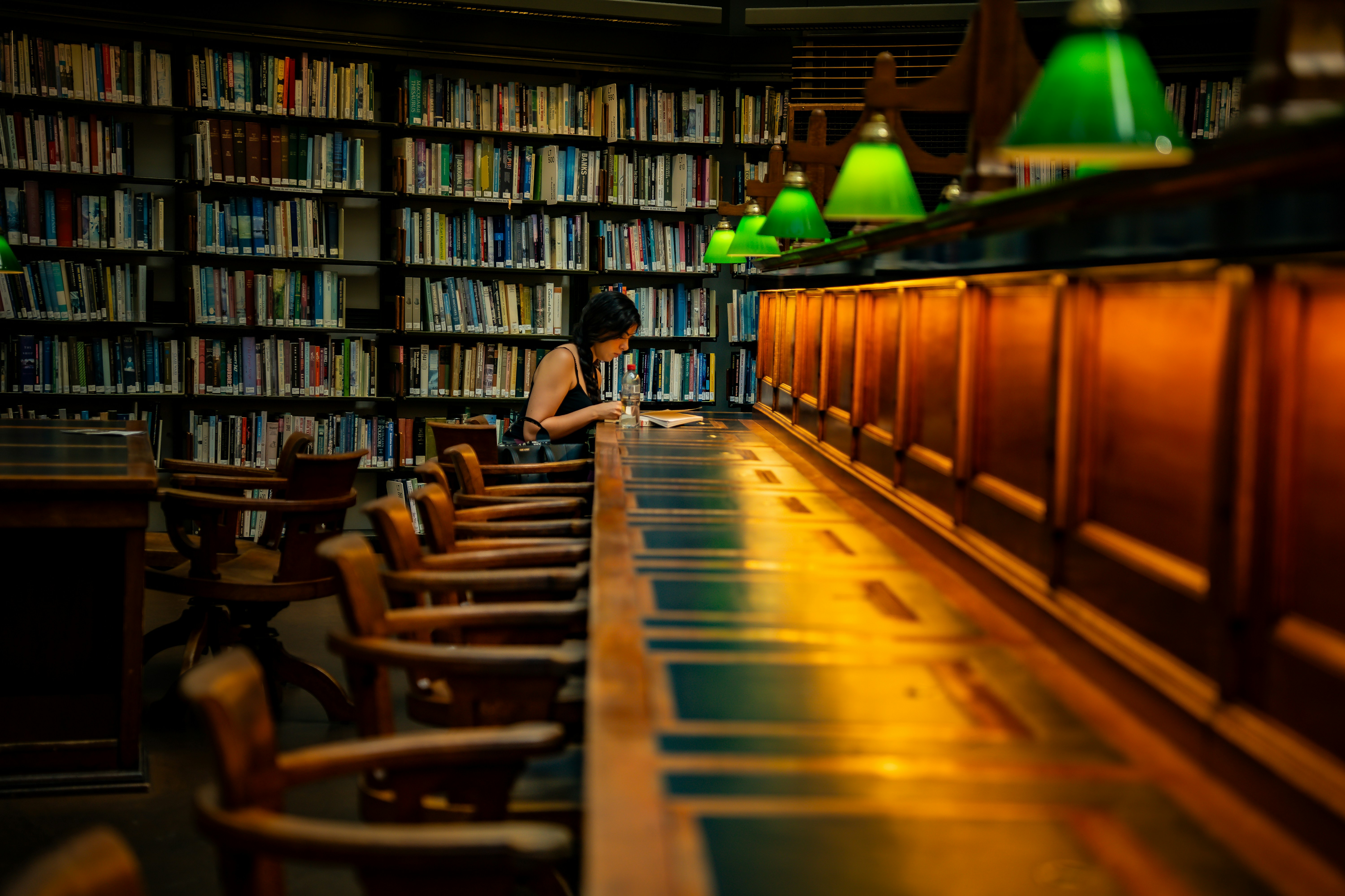 A woman reads at a long desk in a library. photo – Free Architecture ...