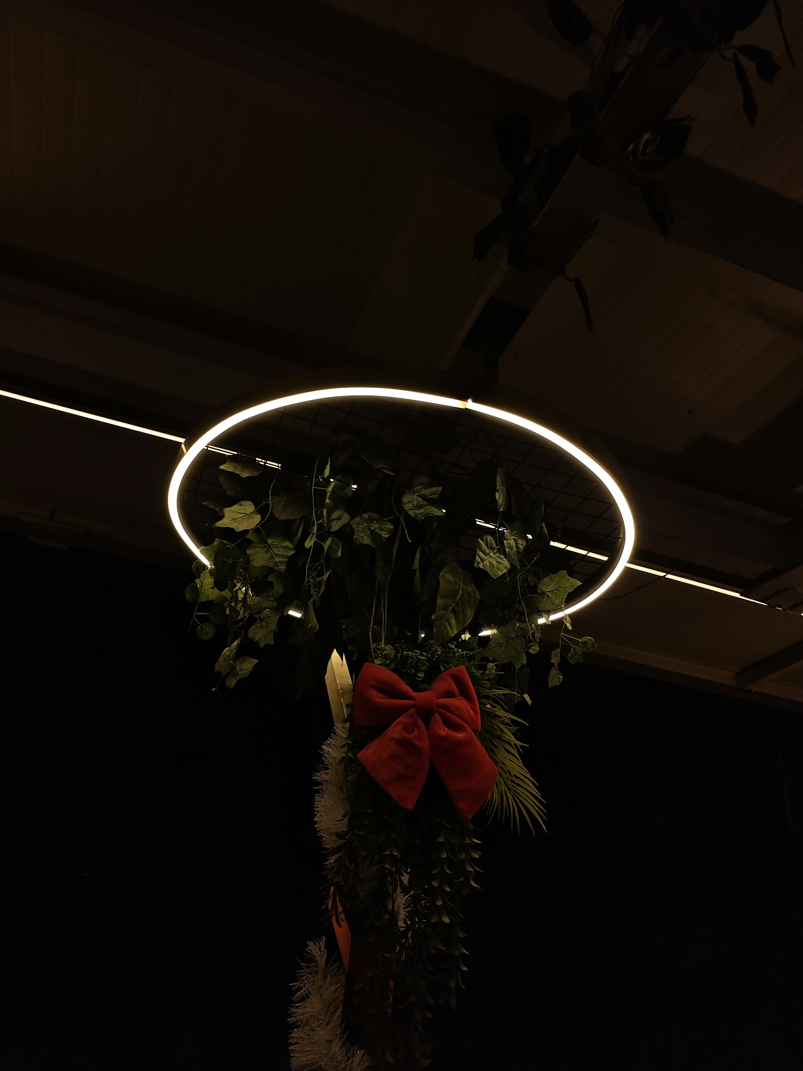 Christmas wreath with red bow and halo light ring light