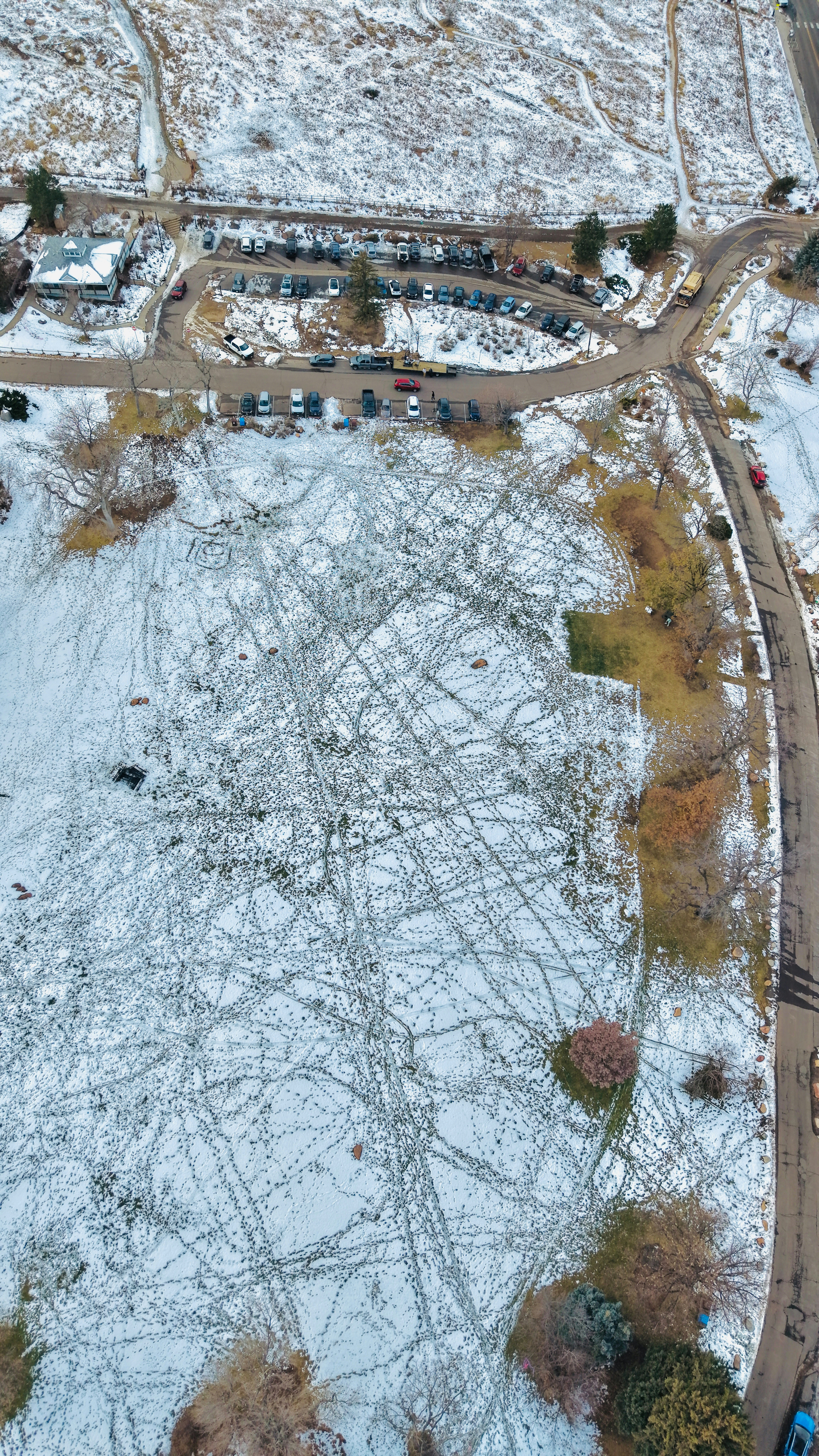 Snow-Crafted Lanes: Aerial View of Tire Tracks Across a Park Blanket