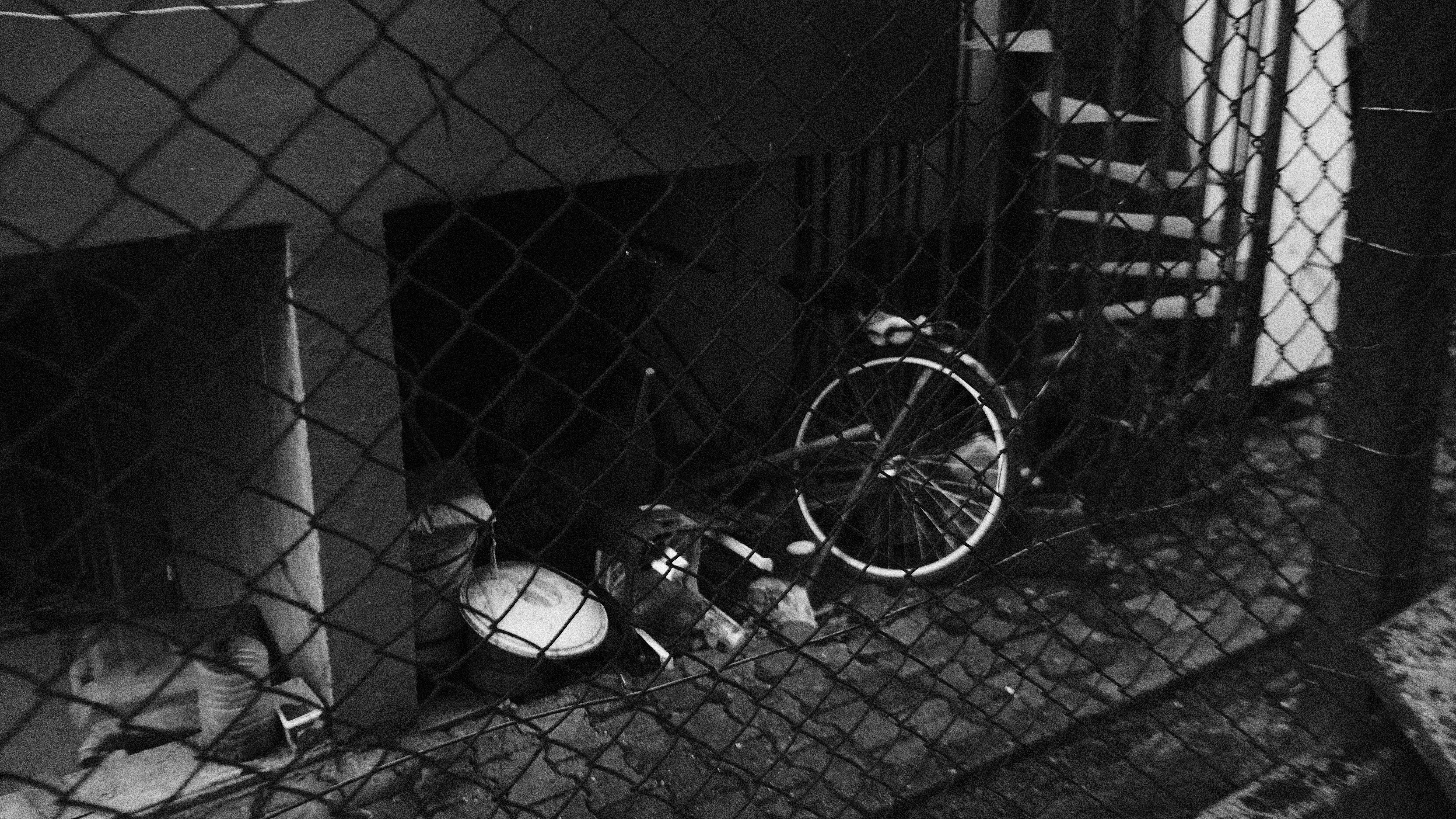 Shadows and Detritus Inside a Chain-Link Nook