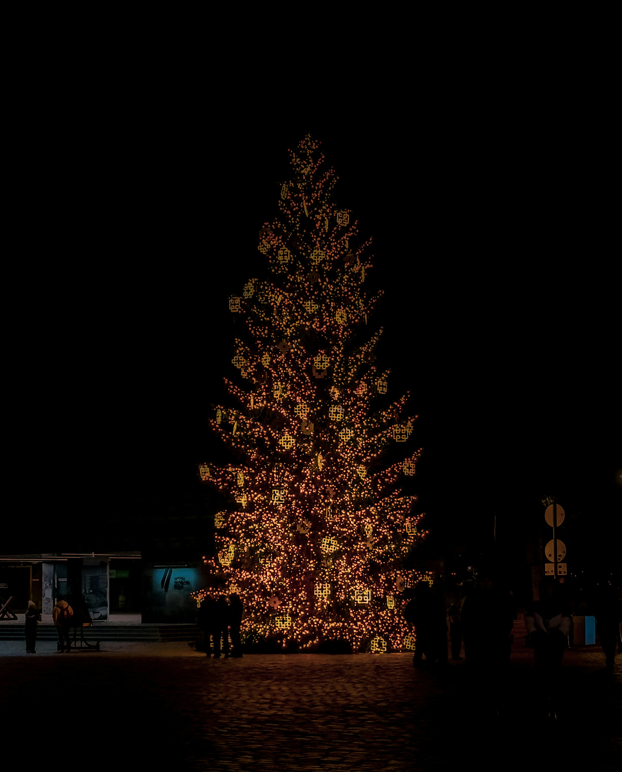 Emerald Night: A Glowing Christmas Tree in Quiet Plaza