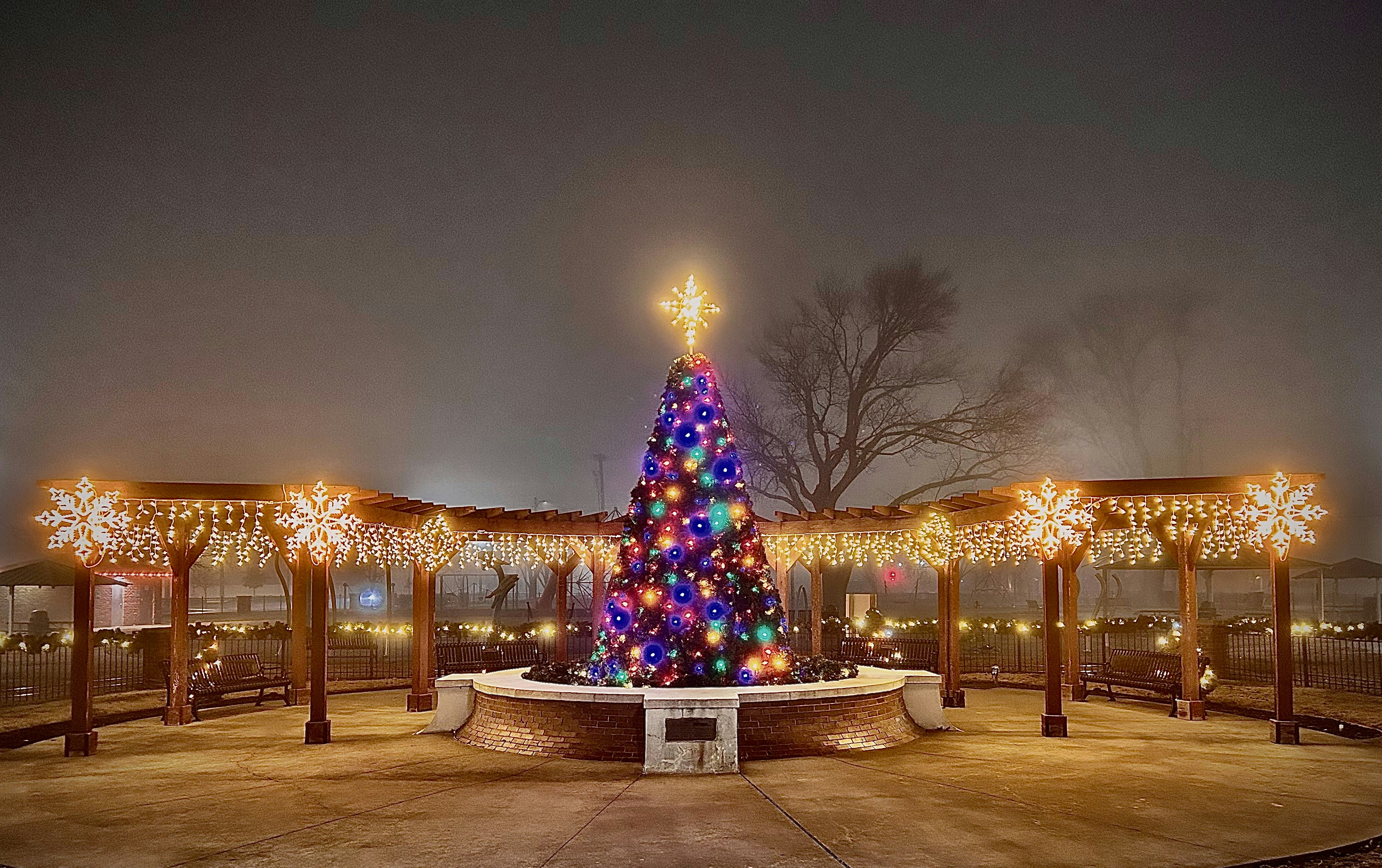 A decorated christmas tree with lights at night.