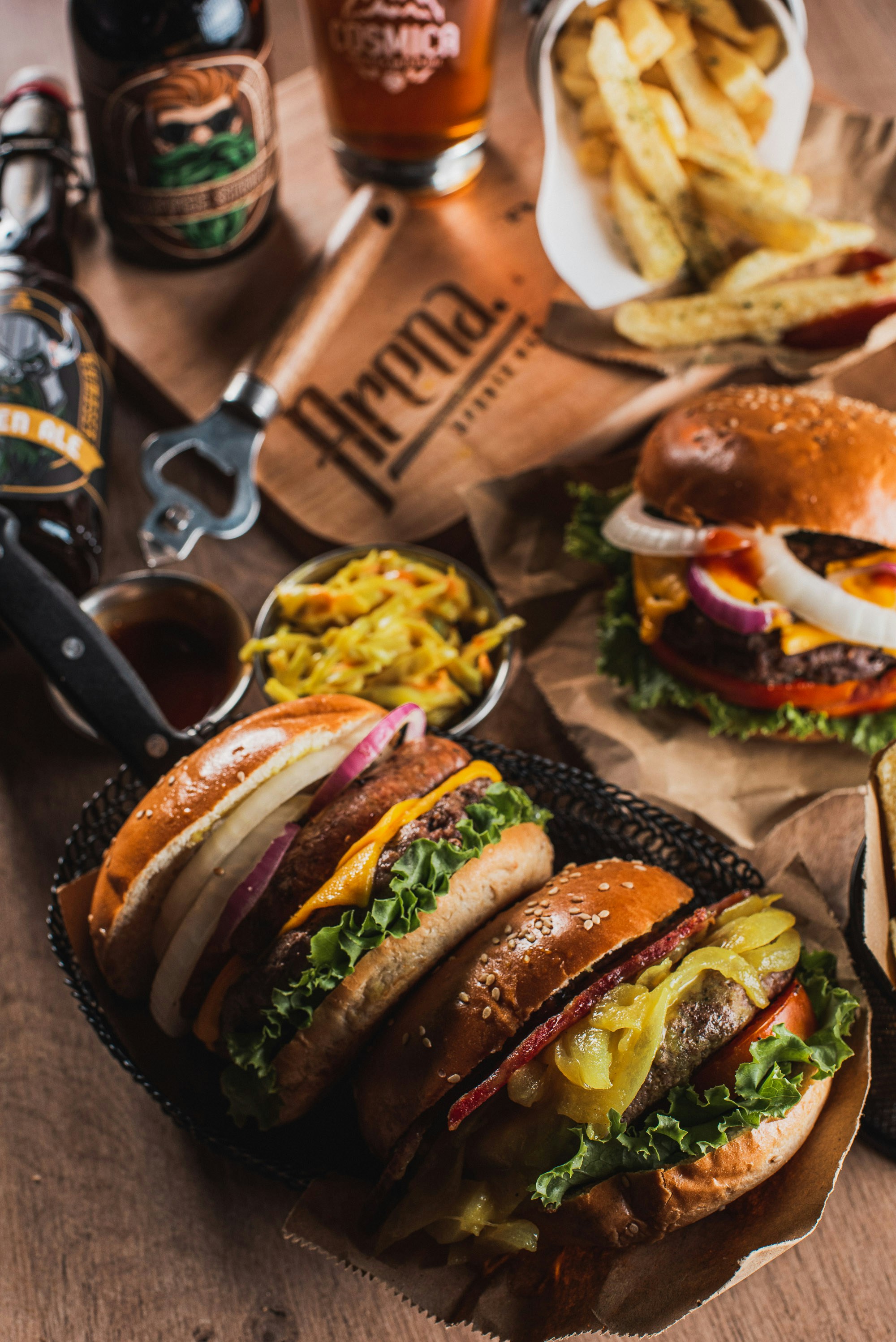 Burger Feast on a Rustic Wood Table