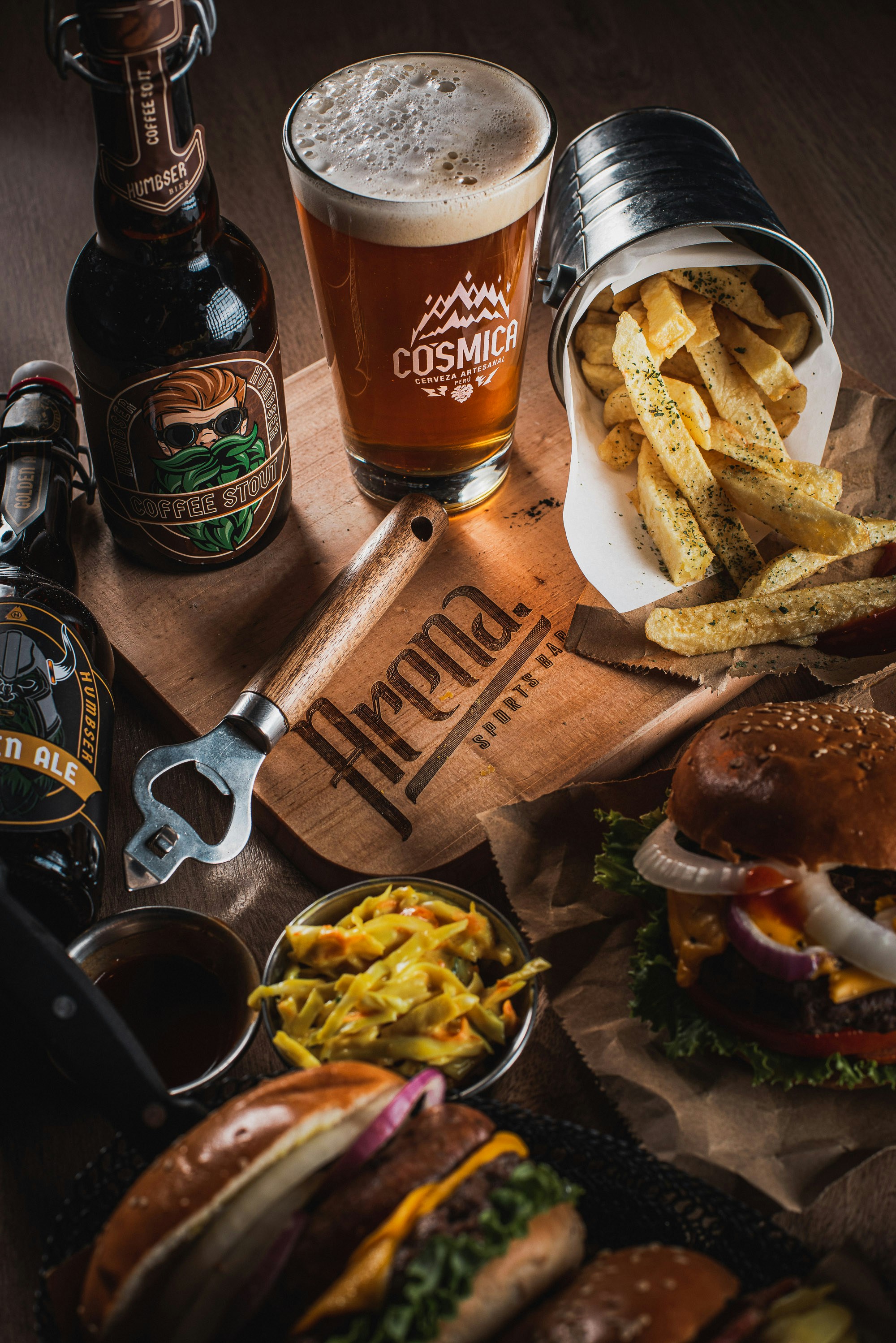 Crafted Snack Palette: Glass of Beer and Fries Amid Brewed Station