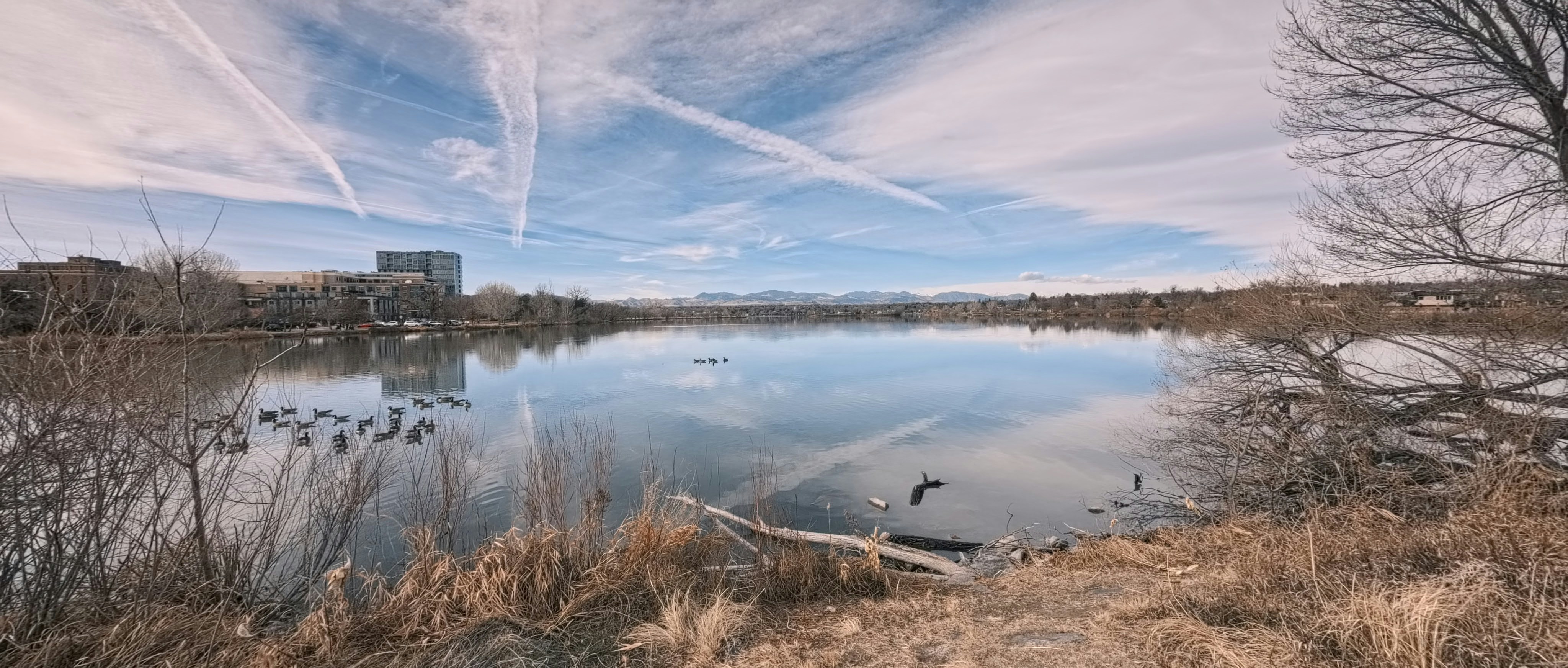 Calm lake reflecting a cloudy sky with distant buildings.