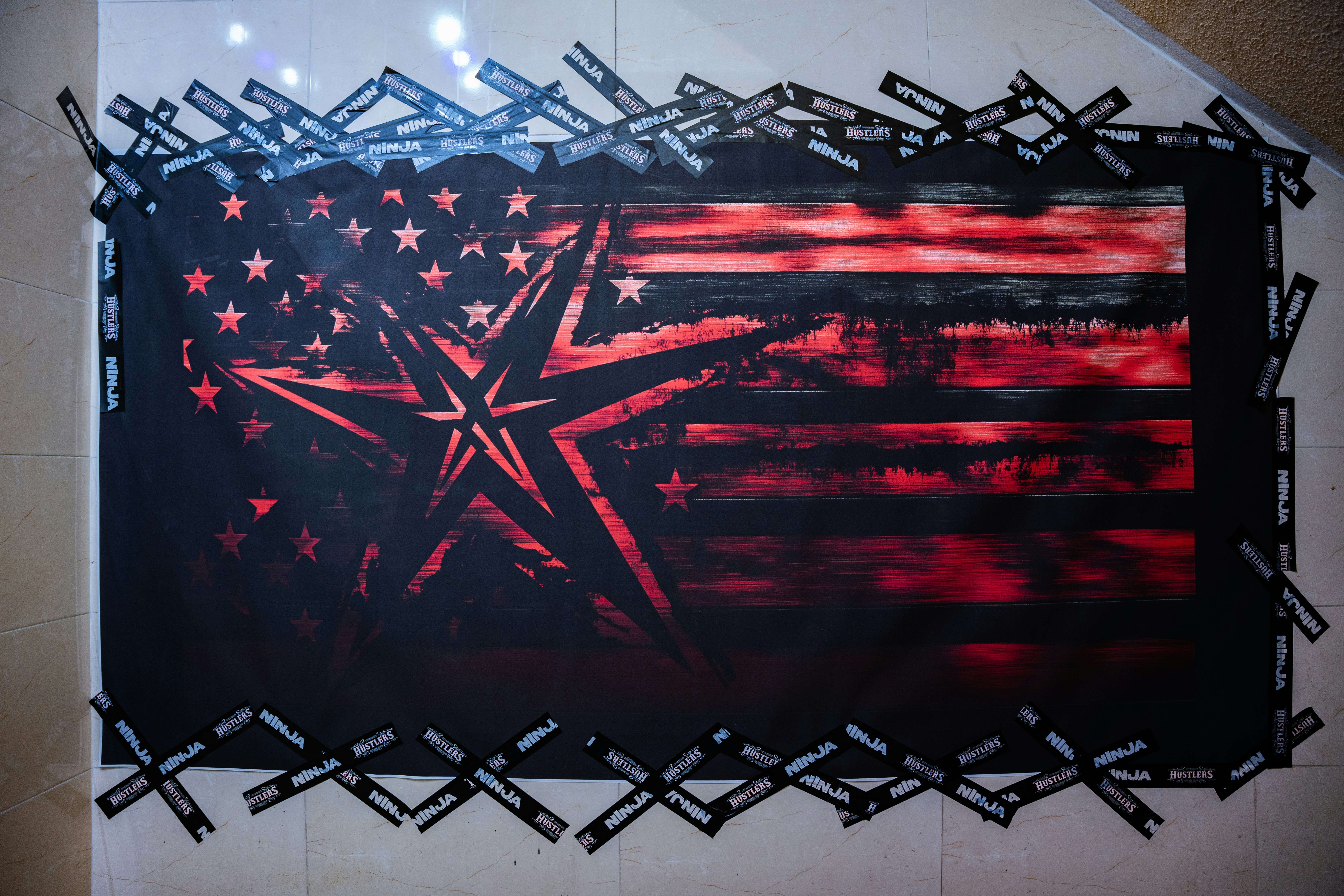 Red Star Banner with Tape Border: Urban Art Flag Portrait