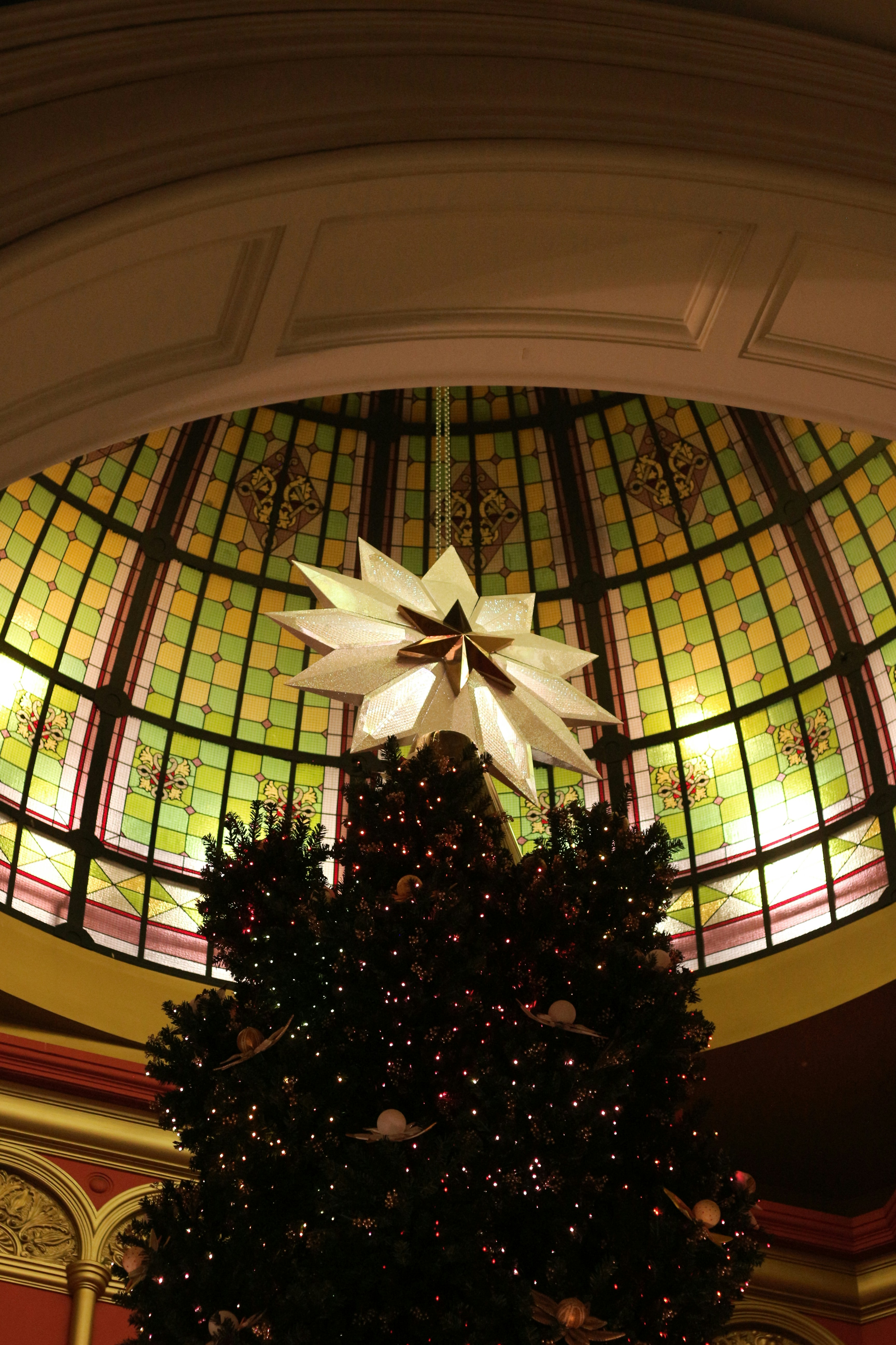 Star atop a gleaming Christmas tree under stained-glass domed ceiling
