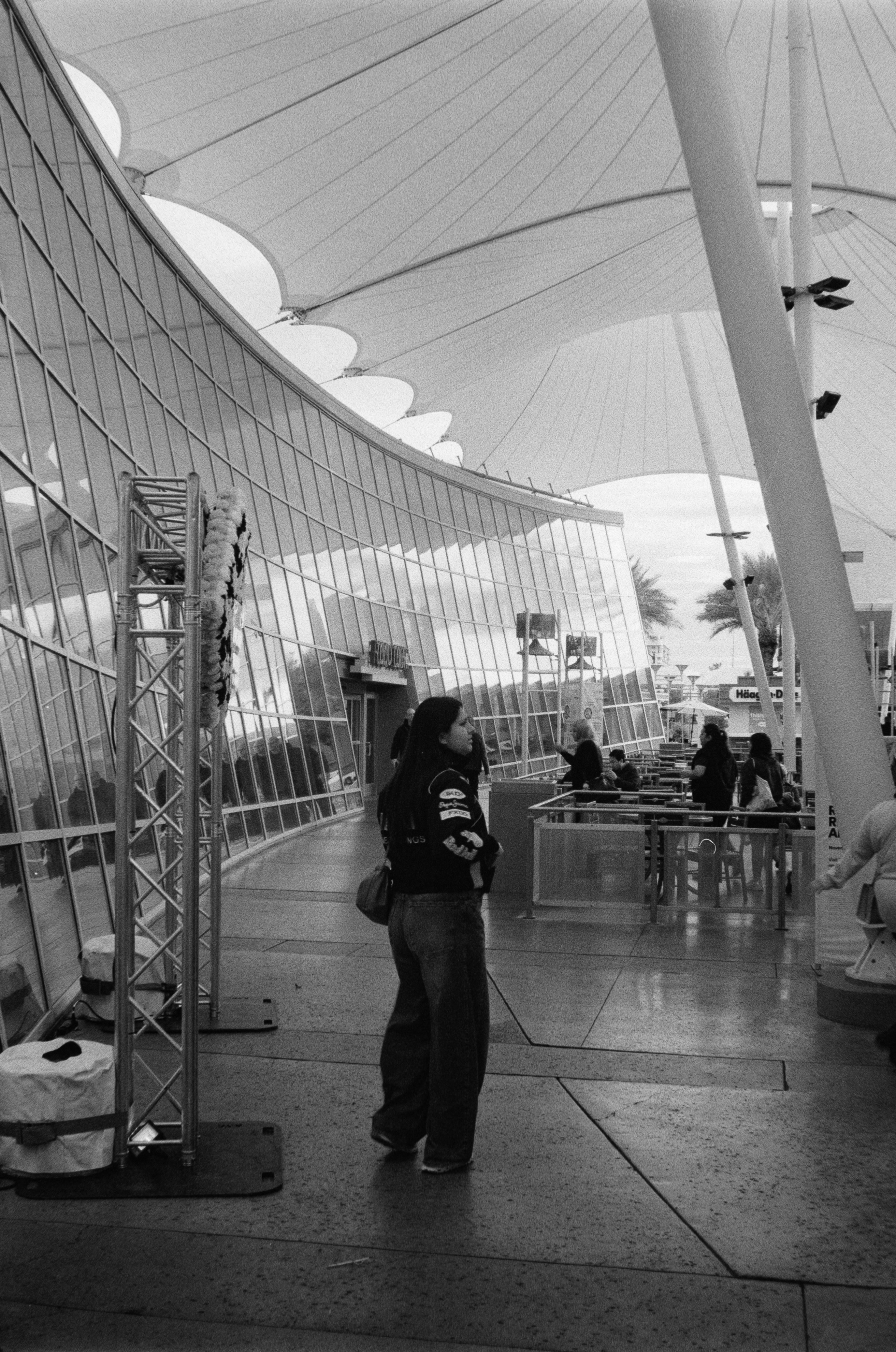 Traveler in a Glassy Veranda: Quiet Pause Under Curved Canopies