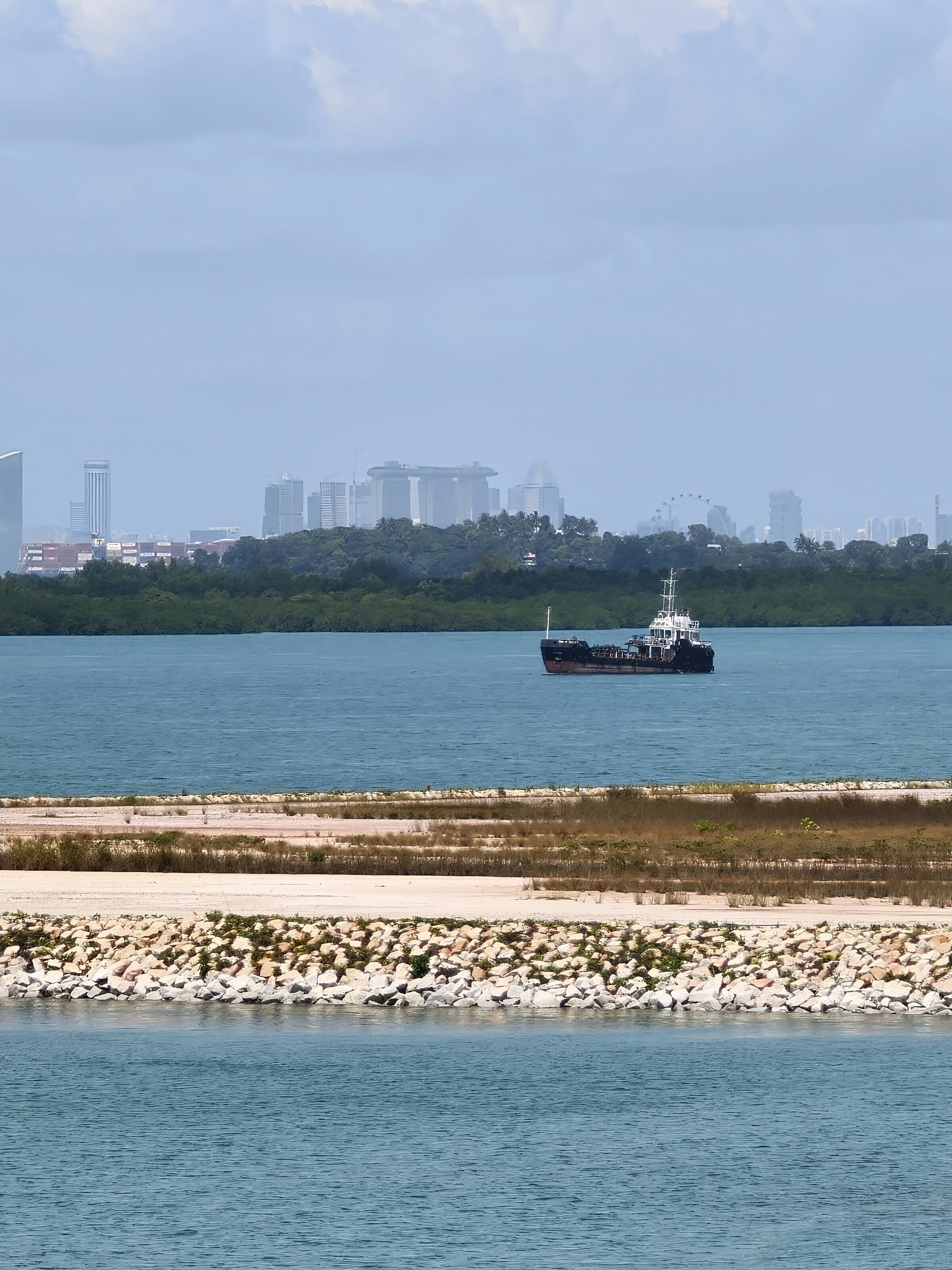 A ship sails on the water with a city skyline.