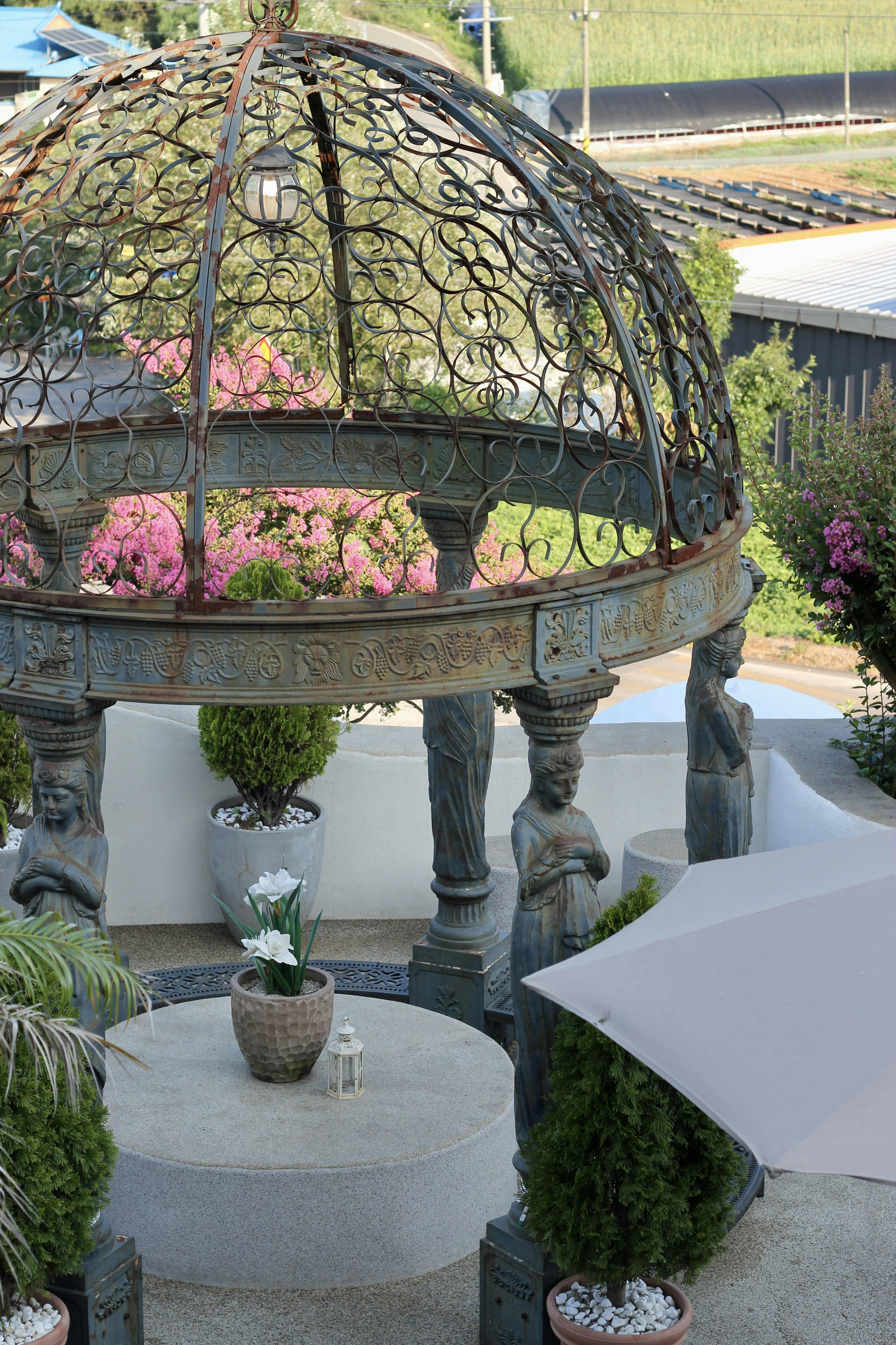 Ornate Glass Dome Overlooked: A Garden Sanctuary Under Metal Lattice