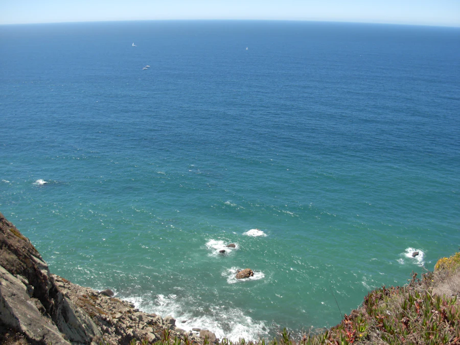 Cliffside foreground meets turquoise sea and a distant horizon under a clear sky. A coastal scene emphasizing the transition from rocky shoreline to open water.
