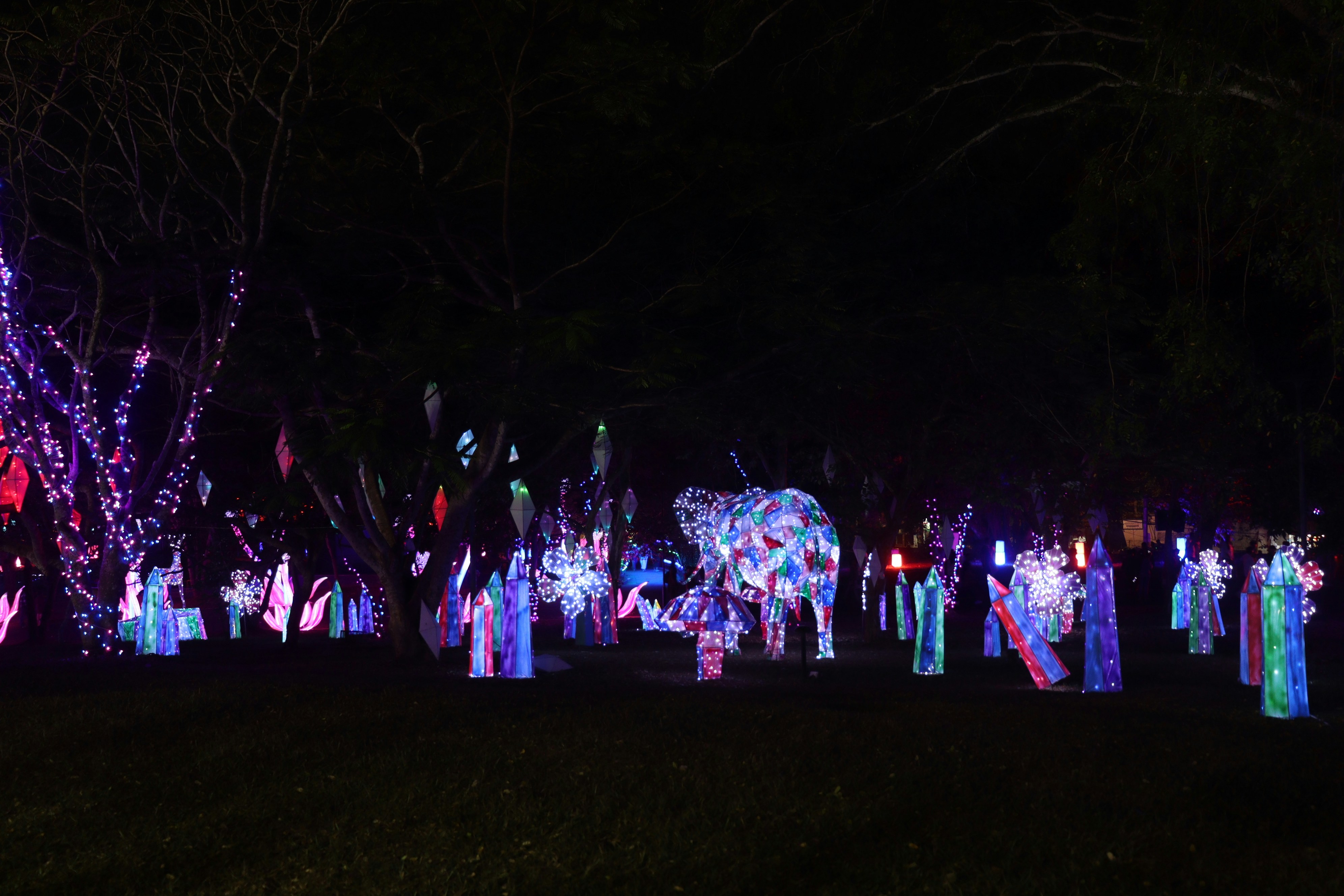 Neon Night Parade: Illuminated Figures in a Dark Park