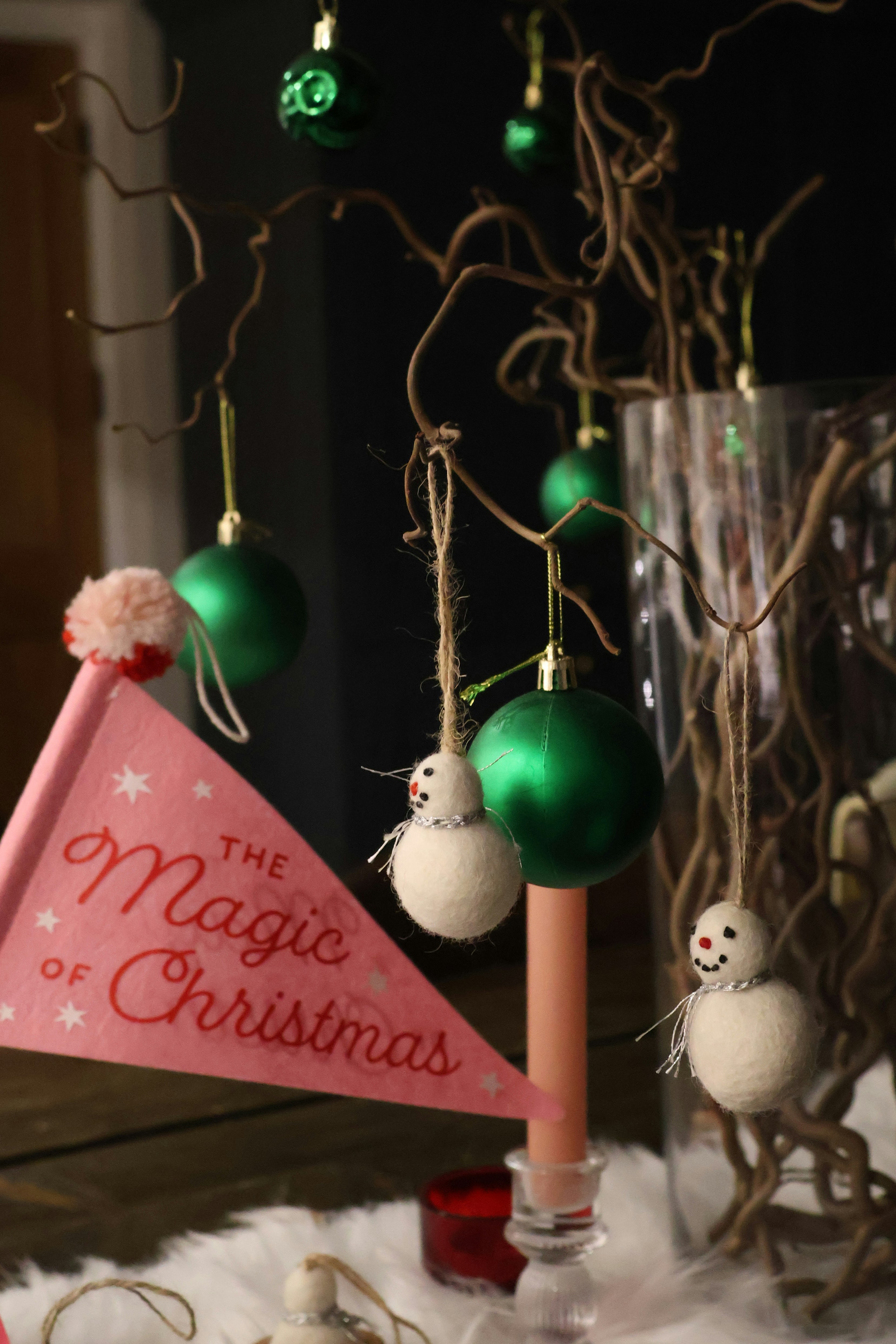 Tiny Snowmen, Large Christmas Ornaments: A Cozy Tree Scene