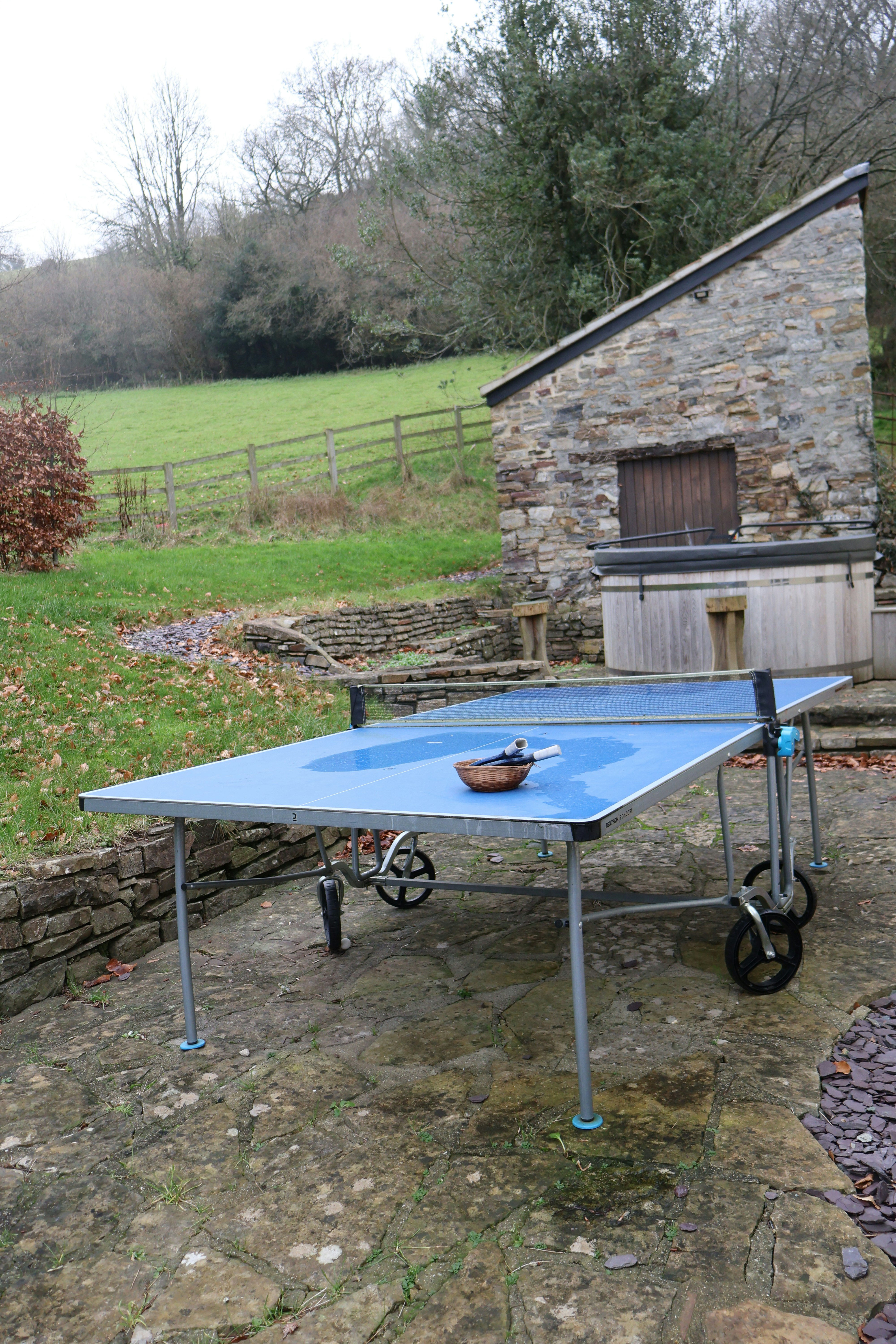 Blue Ping Pong Table in a Quiet Yard by a Stone Shed