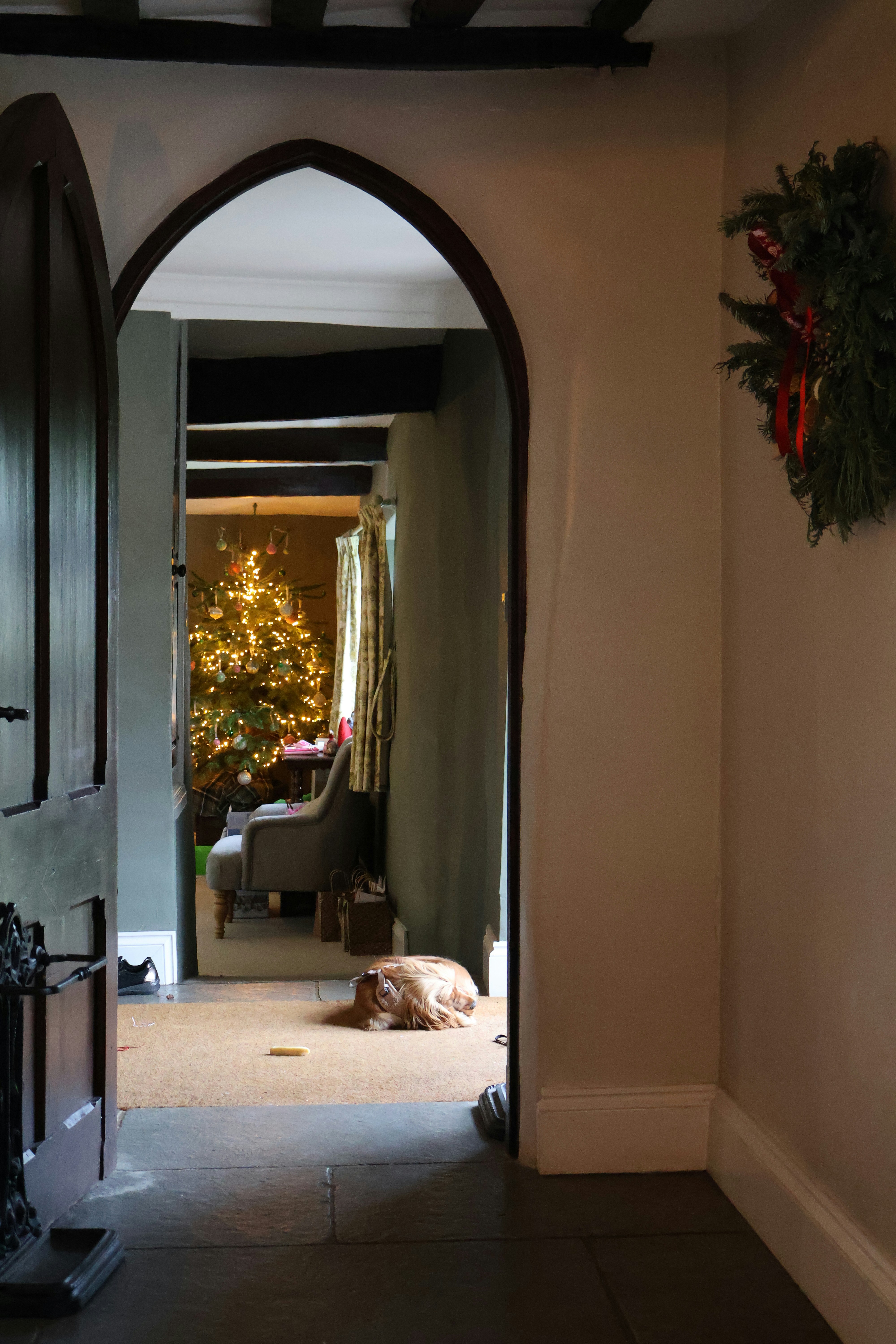 Cozy domestic doorway: a calm hall leading to a softly lit Christmas living room