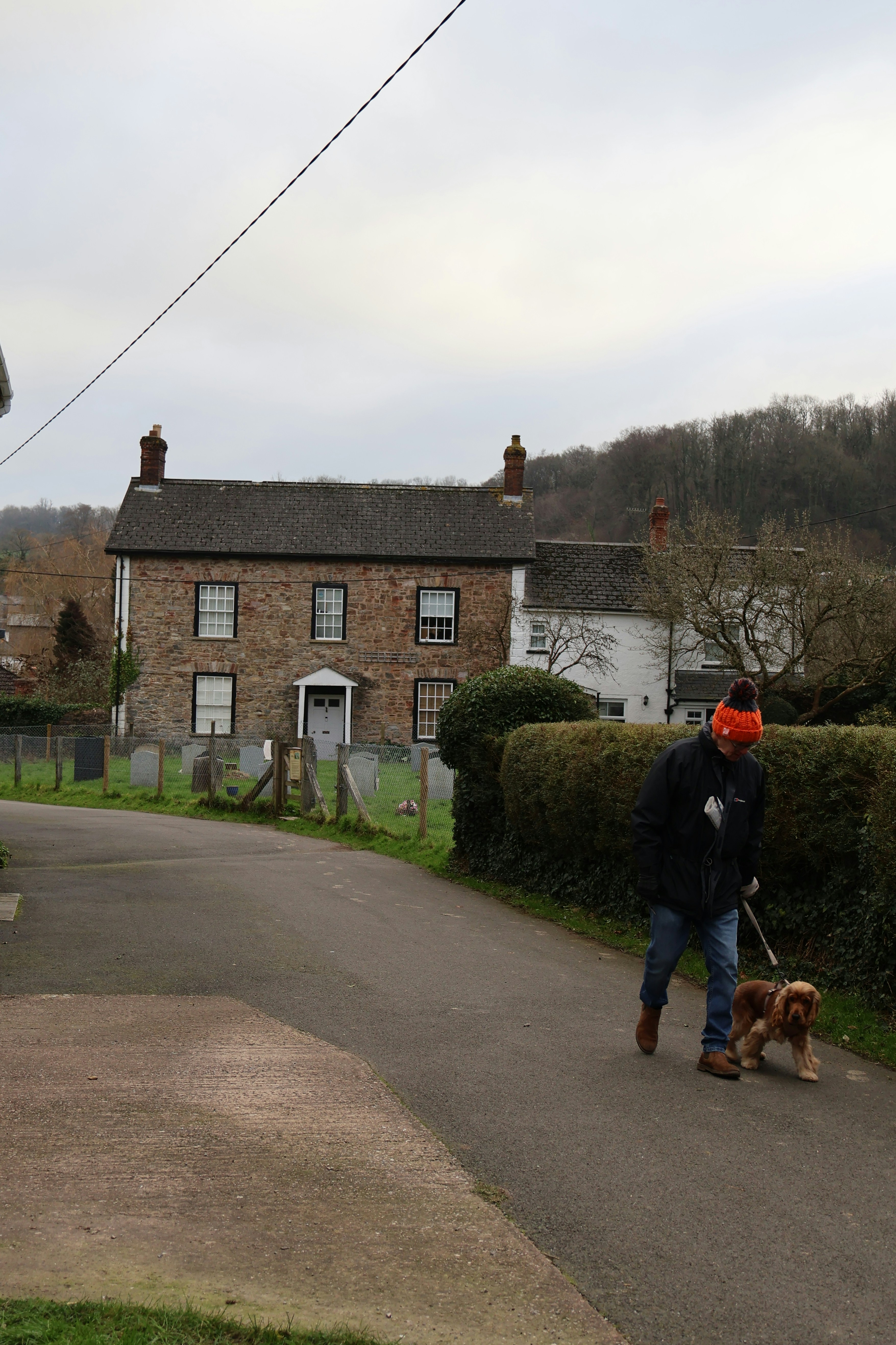 Rural street scene: a person walking a dog past a brick cottage