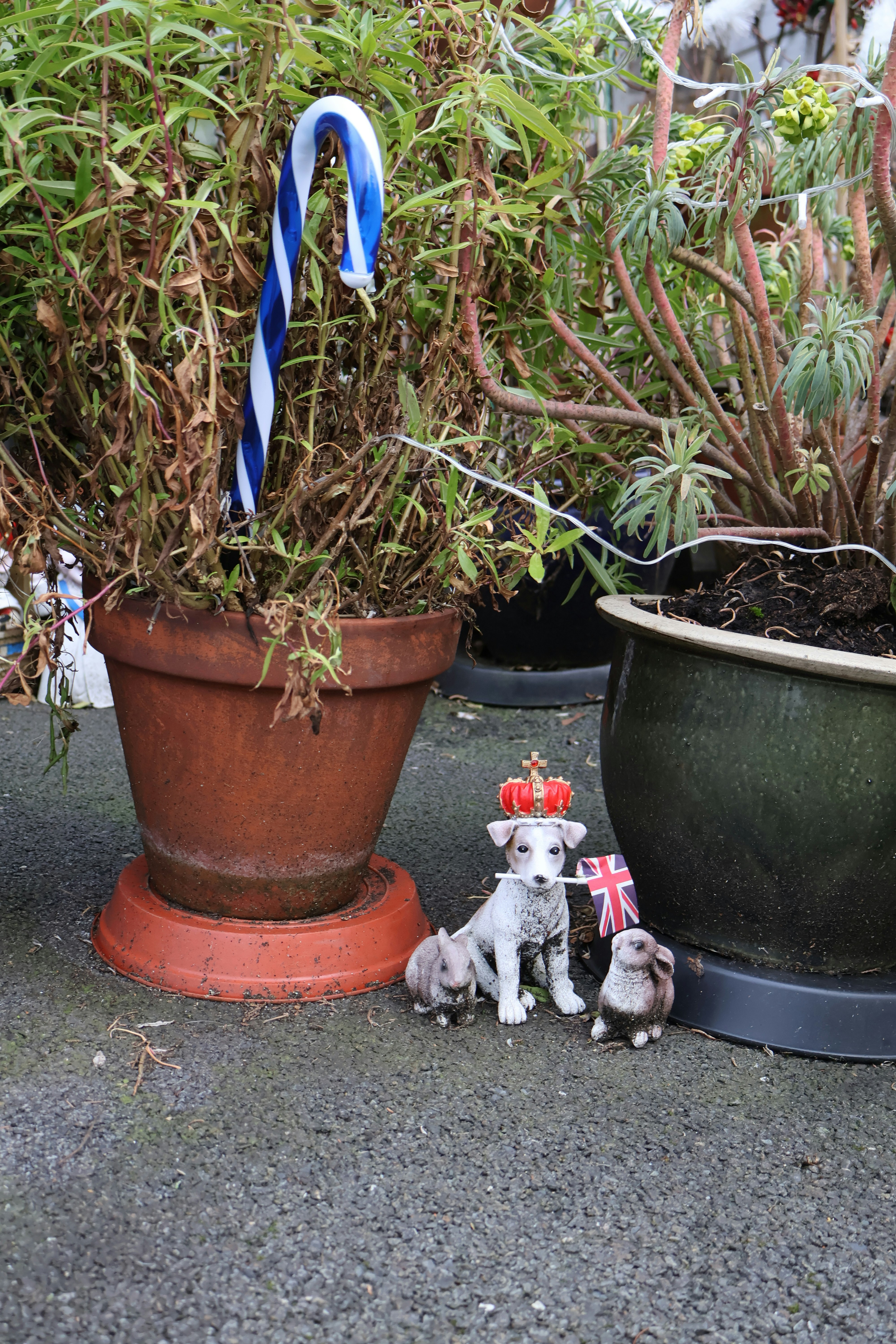 Tiny Royal Guard: Two Figurines Beneath Potted Plants