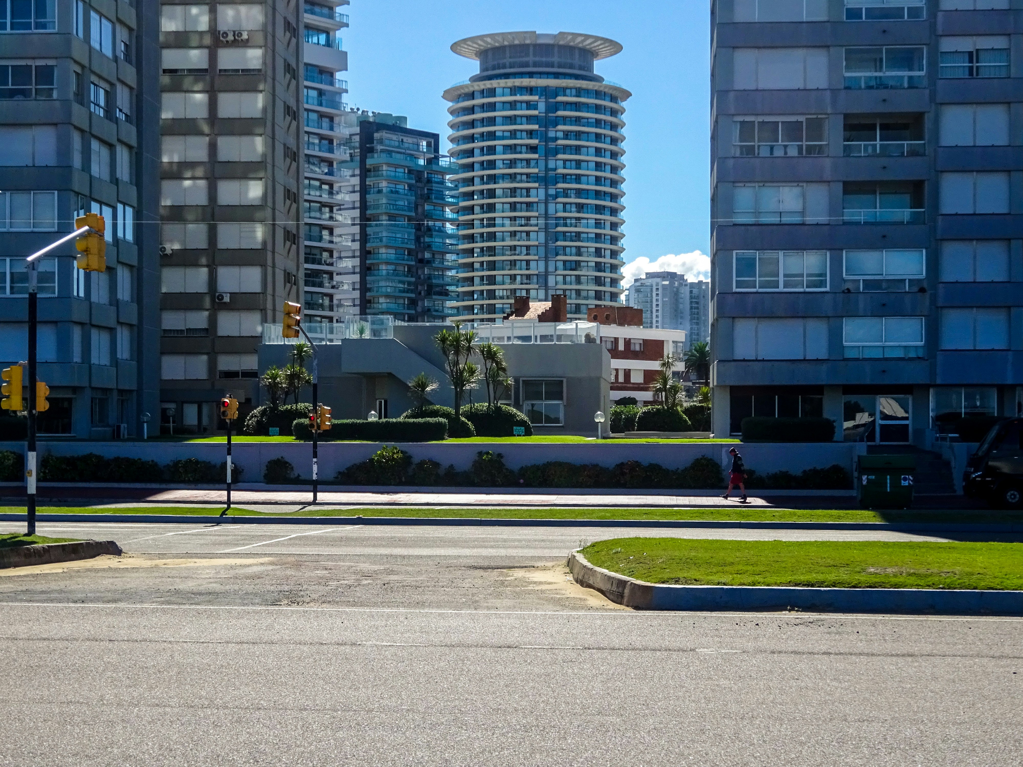 Urban Horizon: Towers Framing a Quiet Street