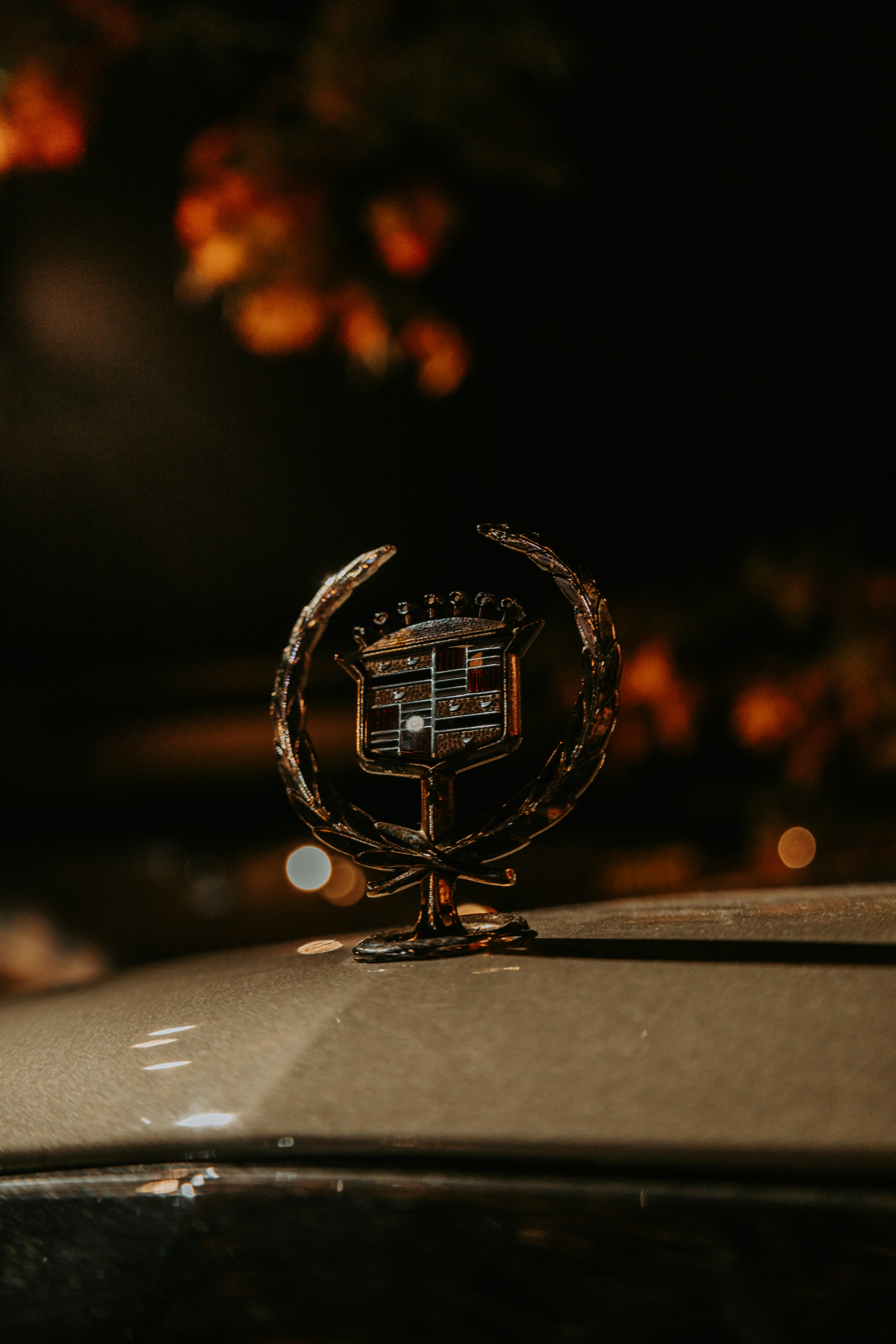 Emblem in Focus: Cadillac Hood Ornament at Night