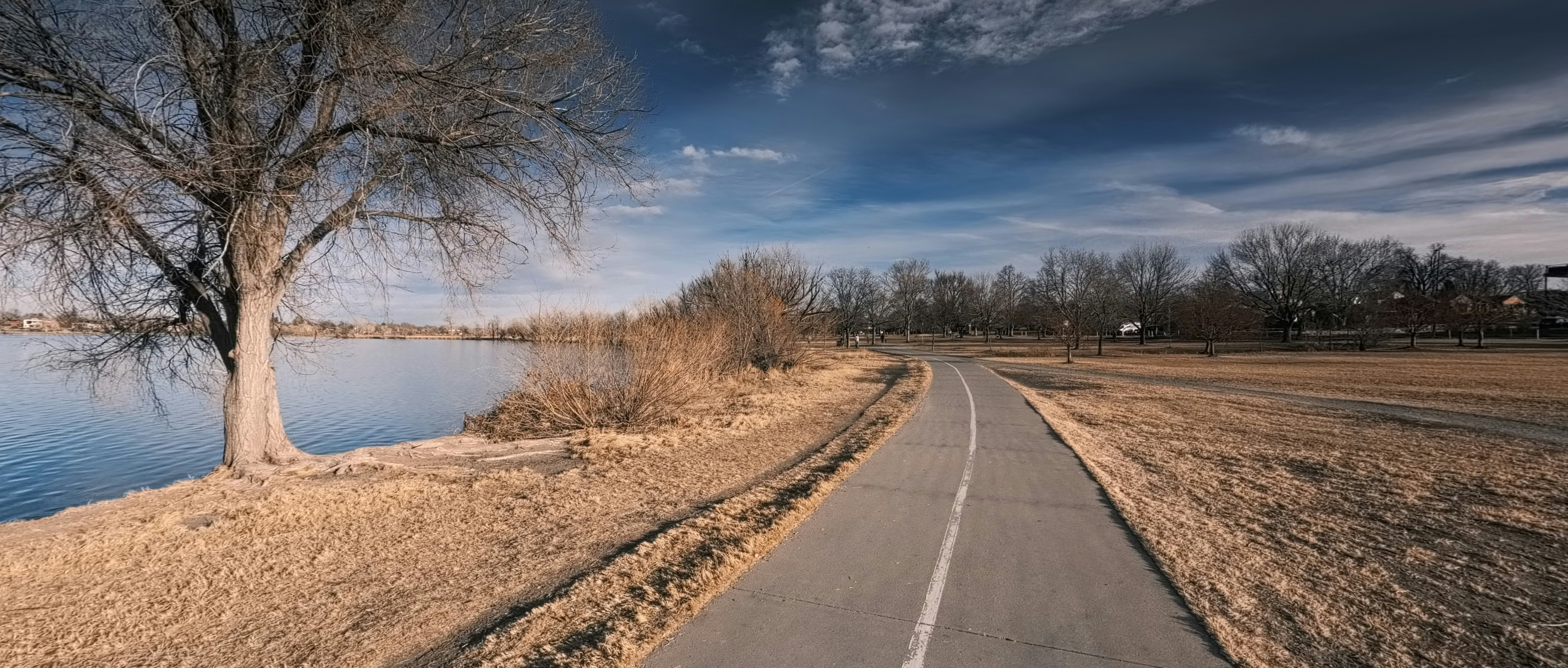 A paved path winds alongside a lake and bare trees.