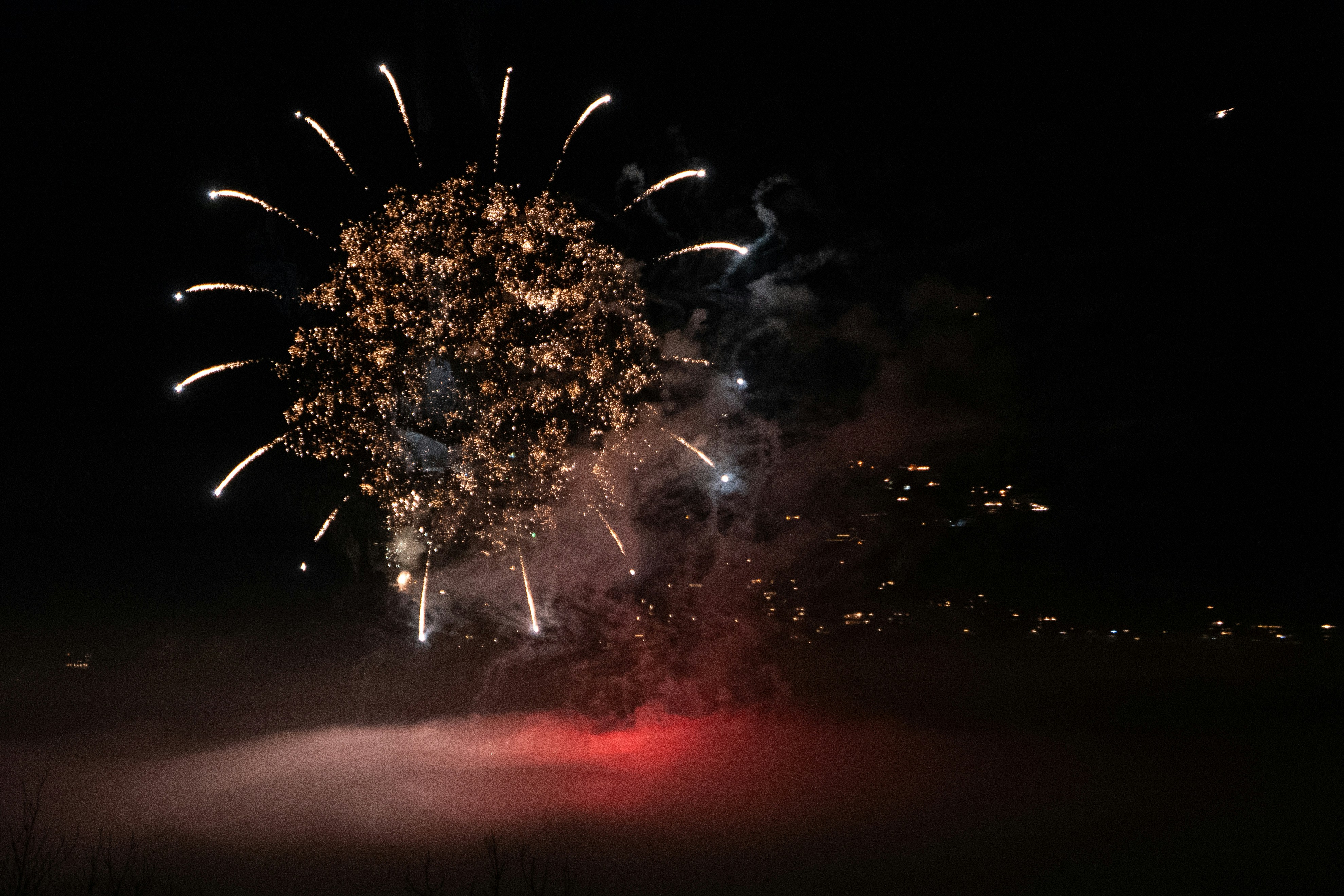 Fireworks explode in the dark night sky.