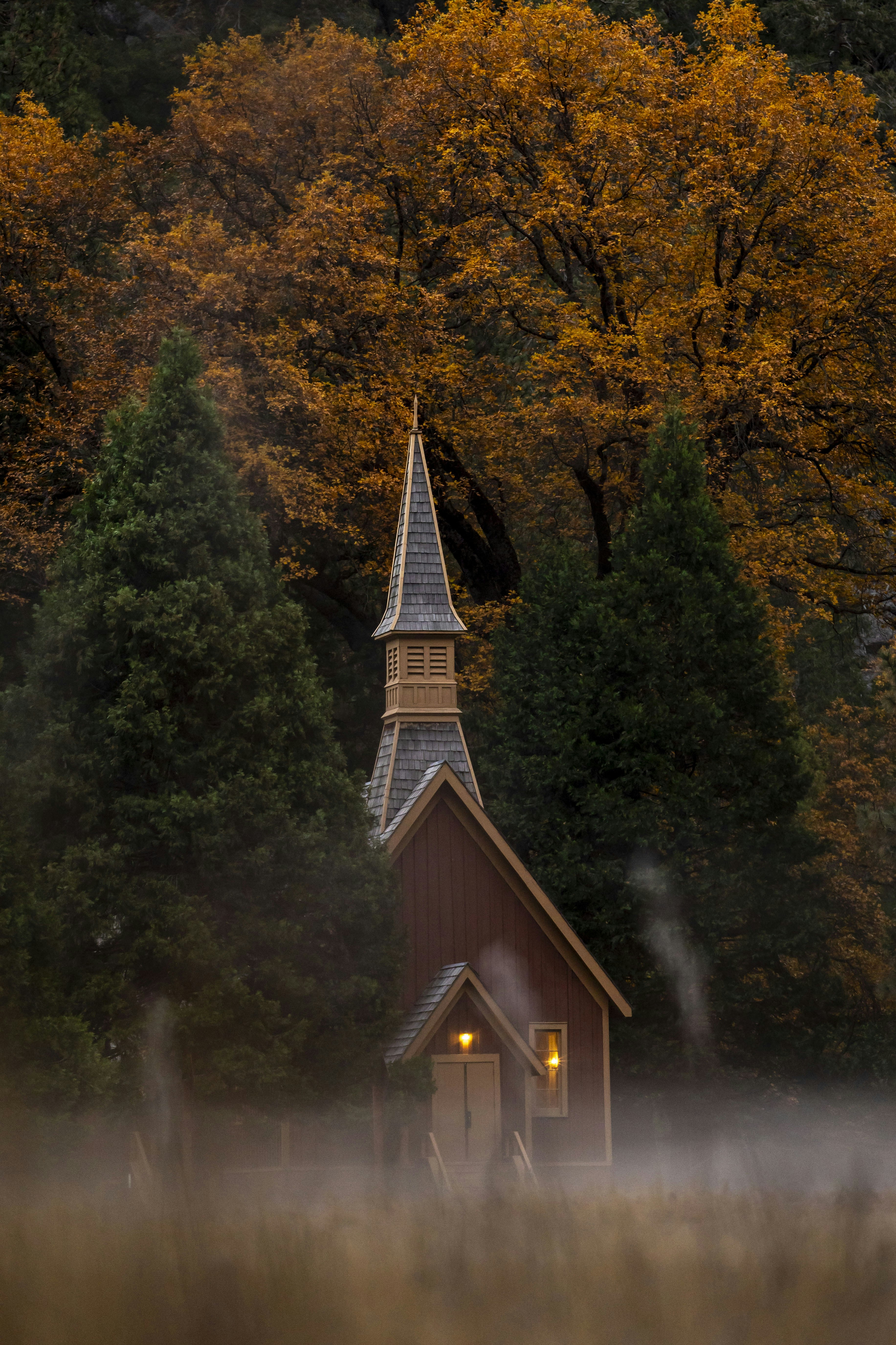 Autumn Chapel Amid Silent Pines