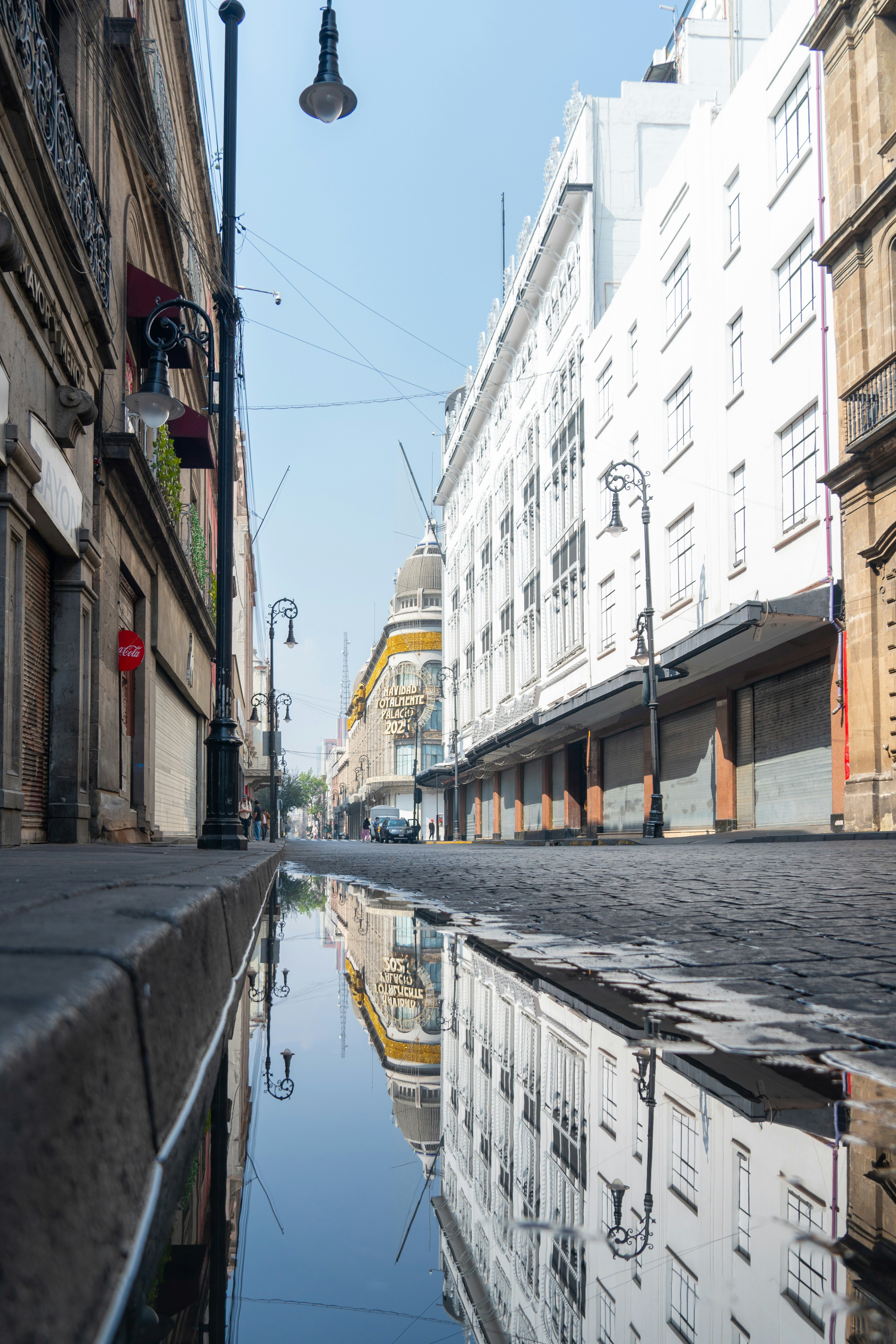 Reflected Cityscape: A Quiet Street Reaching Toward a Golden Dome